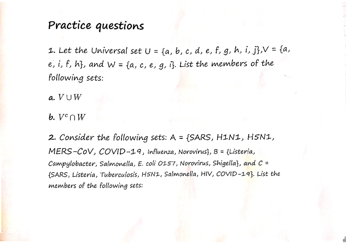 Disc Maths Assign - Practice questions 1. Let the Universal set b, C, d, e, f, g, h, i, e, i, f ...