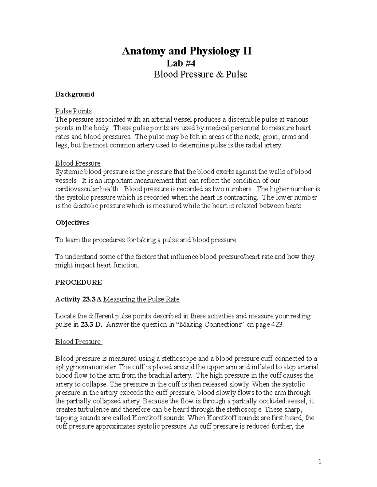 Lab 4 BP lab guide and worksheet Mastrangelo - Anatomy and Physiology ...