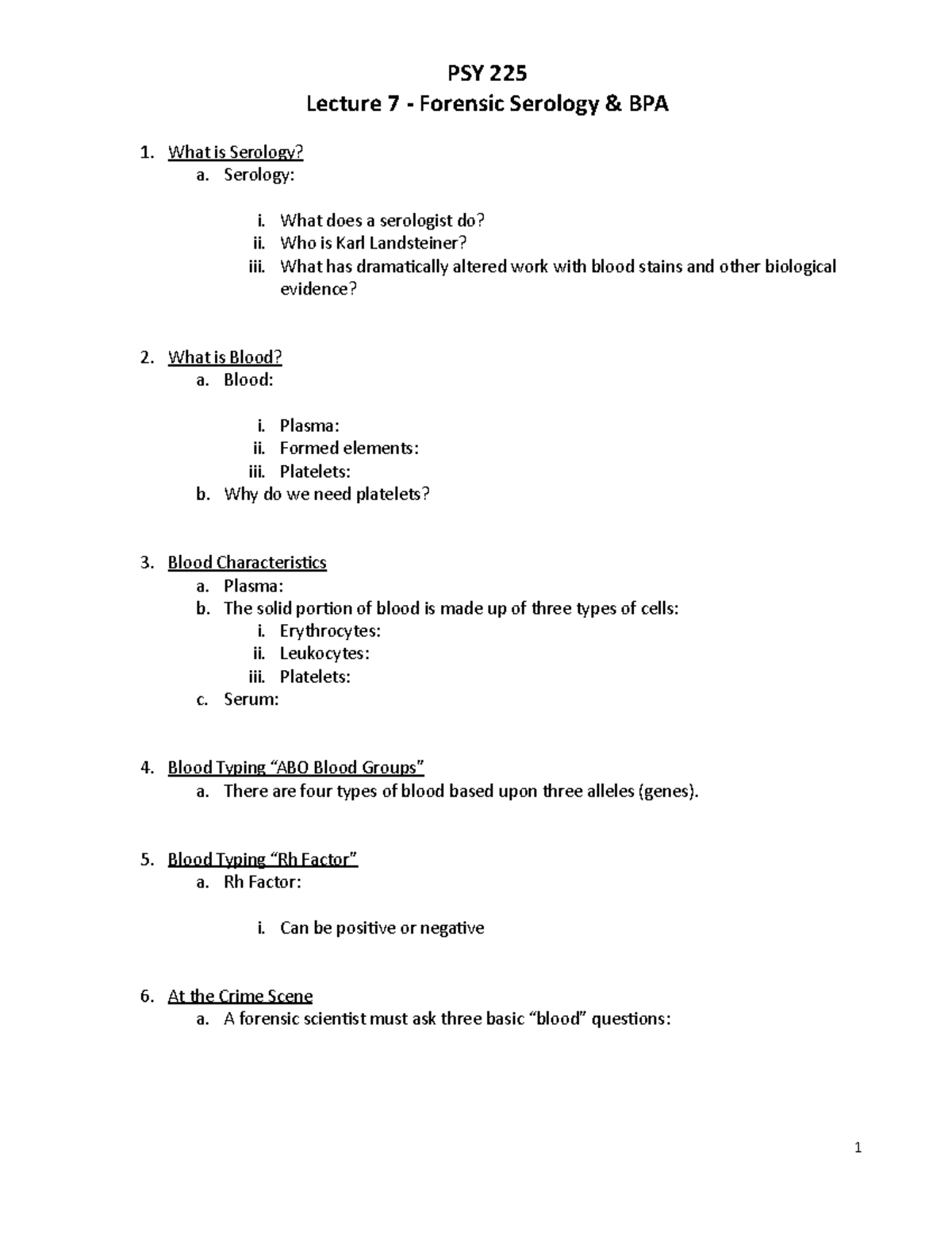 PSY 225 Forensic Serology Blackboard Assignment - PSY 225 Lecture 7 - Forensic Serology & BPA ...