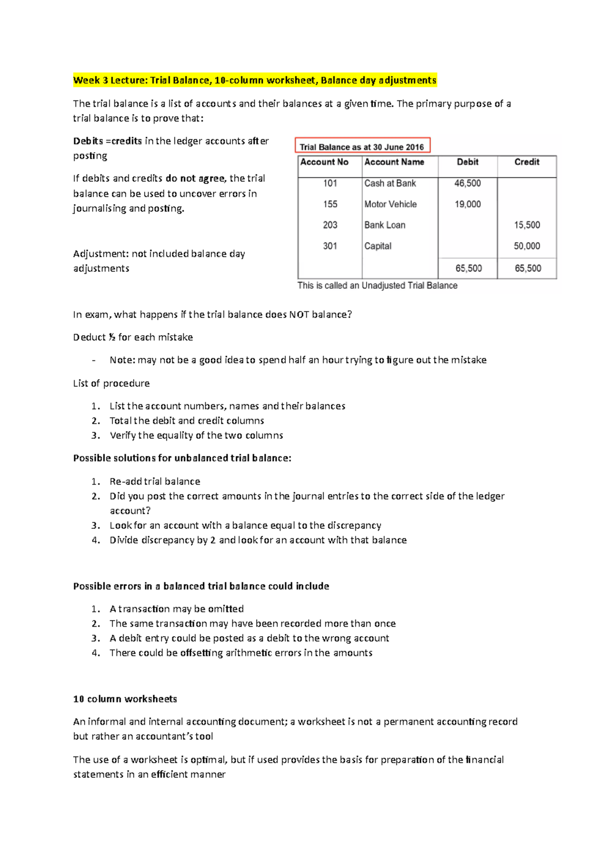 Lecture 3- Balance sheets - Week 3 Lecture: Trial Balance, 10-column ...