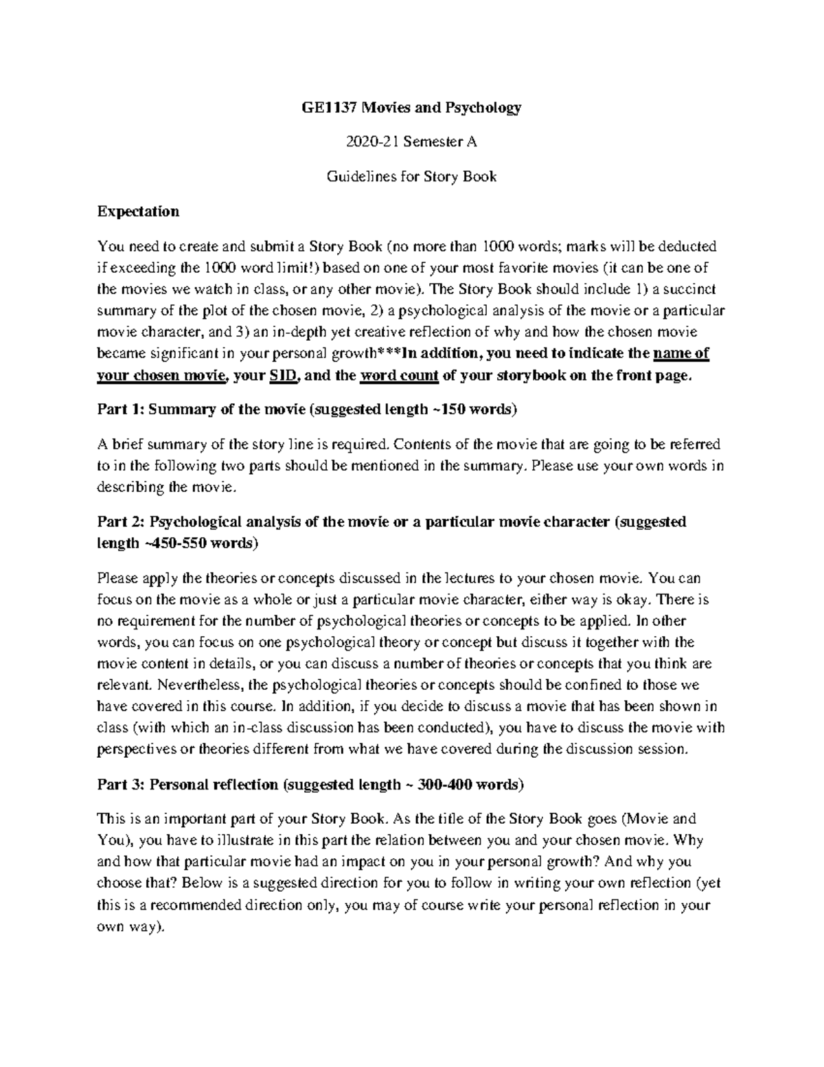GE1137 Movies and Psychology story book guidelines 2020 21 Sem A ...