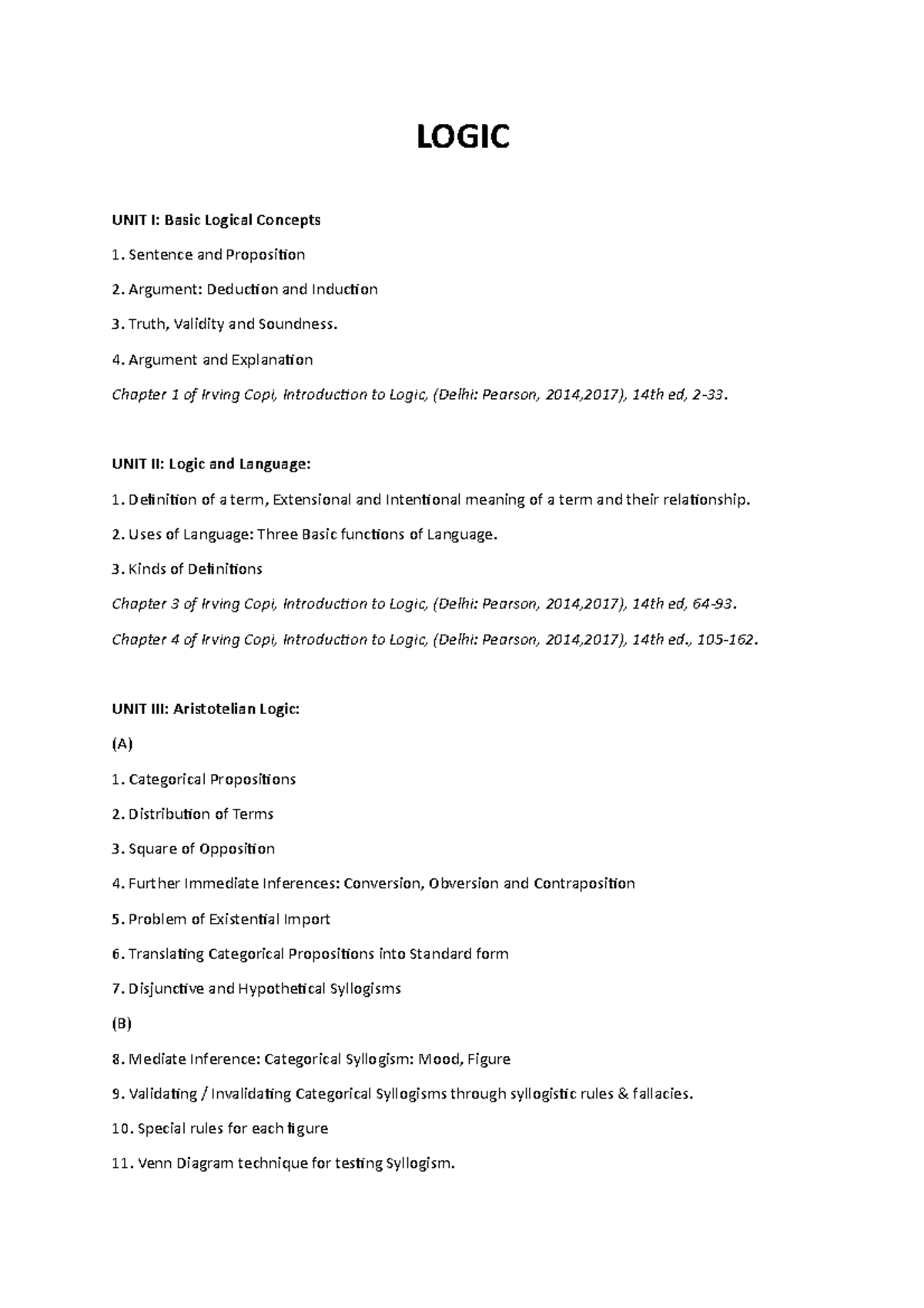 BA Philosophy Honours Logic - LOGIC UNIT I: Basic Logical Concepts ...