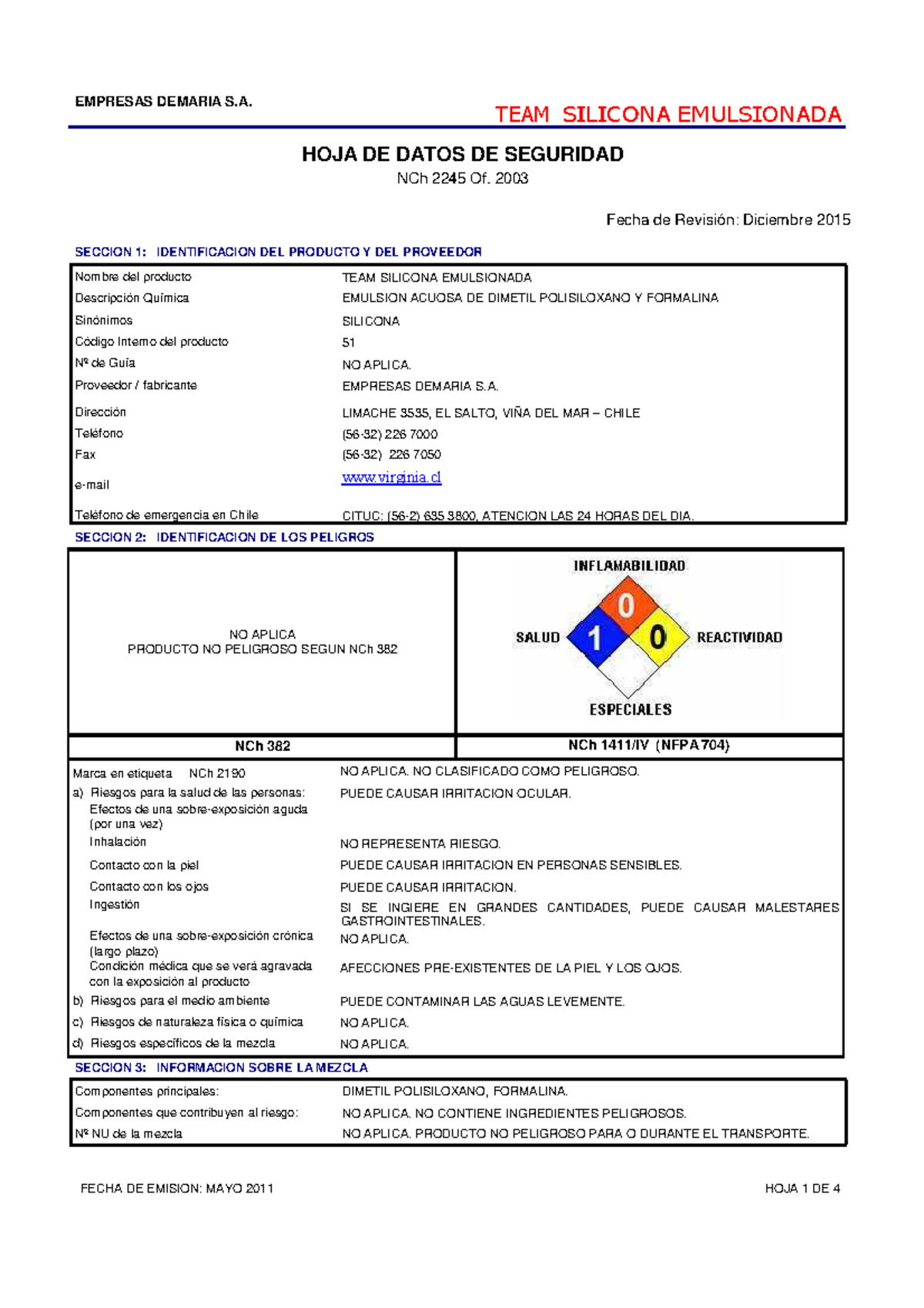 MSDS Silicona Emulsionada - TEAM SILICONA EMULSIONADA HOJA DE DATOS DE ...