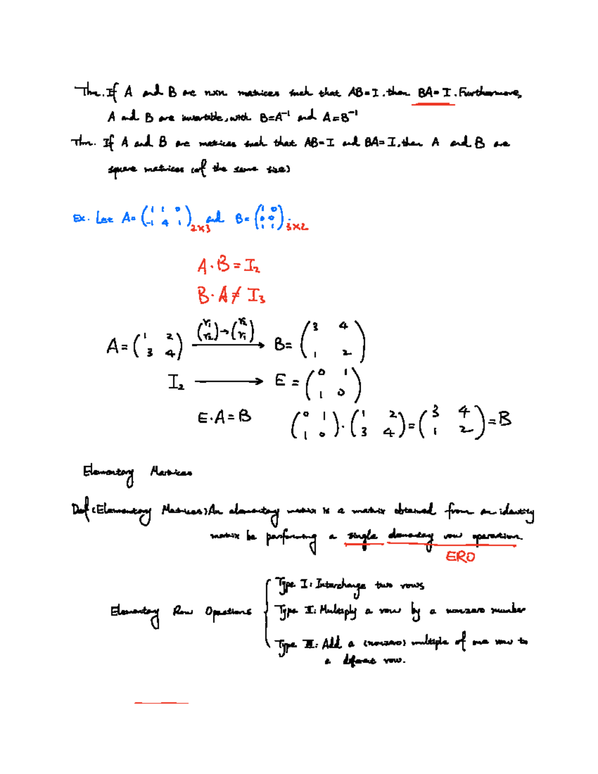 Sep.24 Elementary Matrices - The If A and Bae And Bare The If A and Bae ...