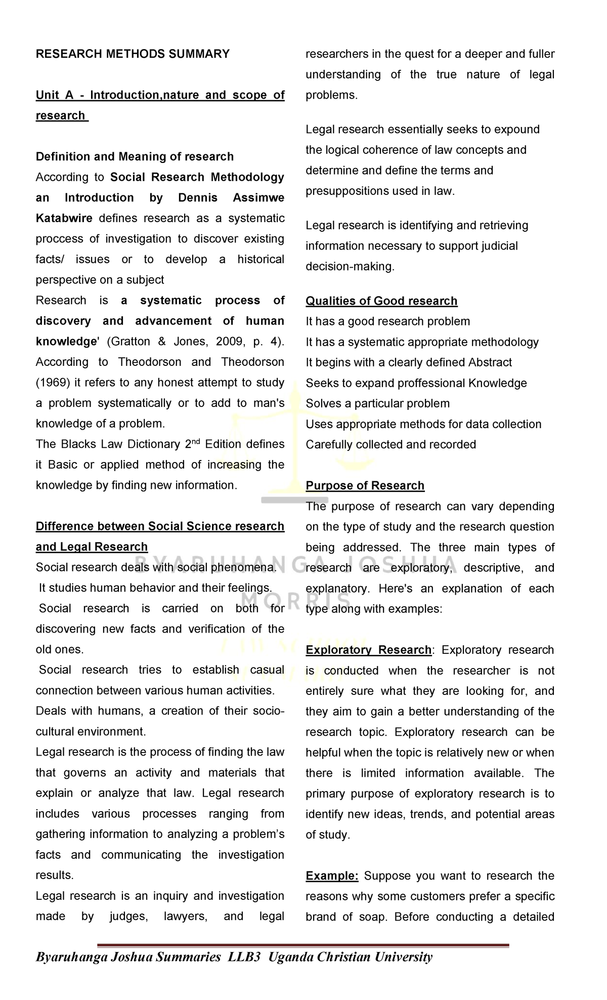 Research Methods Summarised BY Byaruhanga Joshua Morris - RESEARCH METHODS SUMMARY Unit A ...