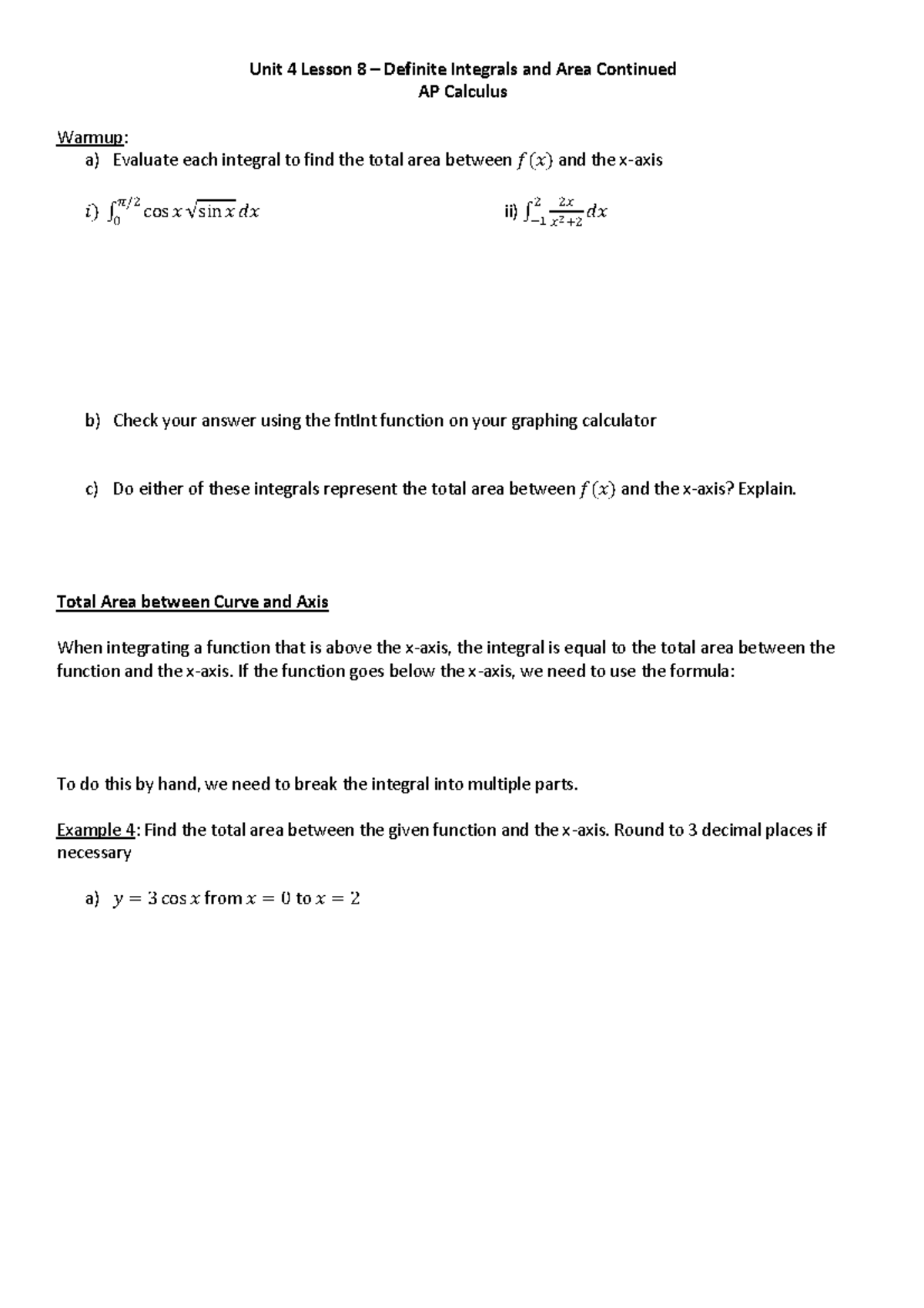 U4L8 Definite Integrals and Area Continued notes Blank - Unit 4 Lesson ...