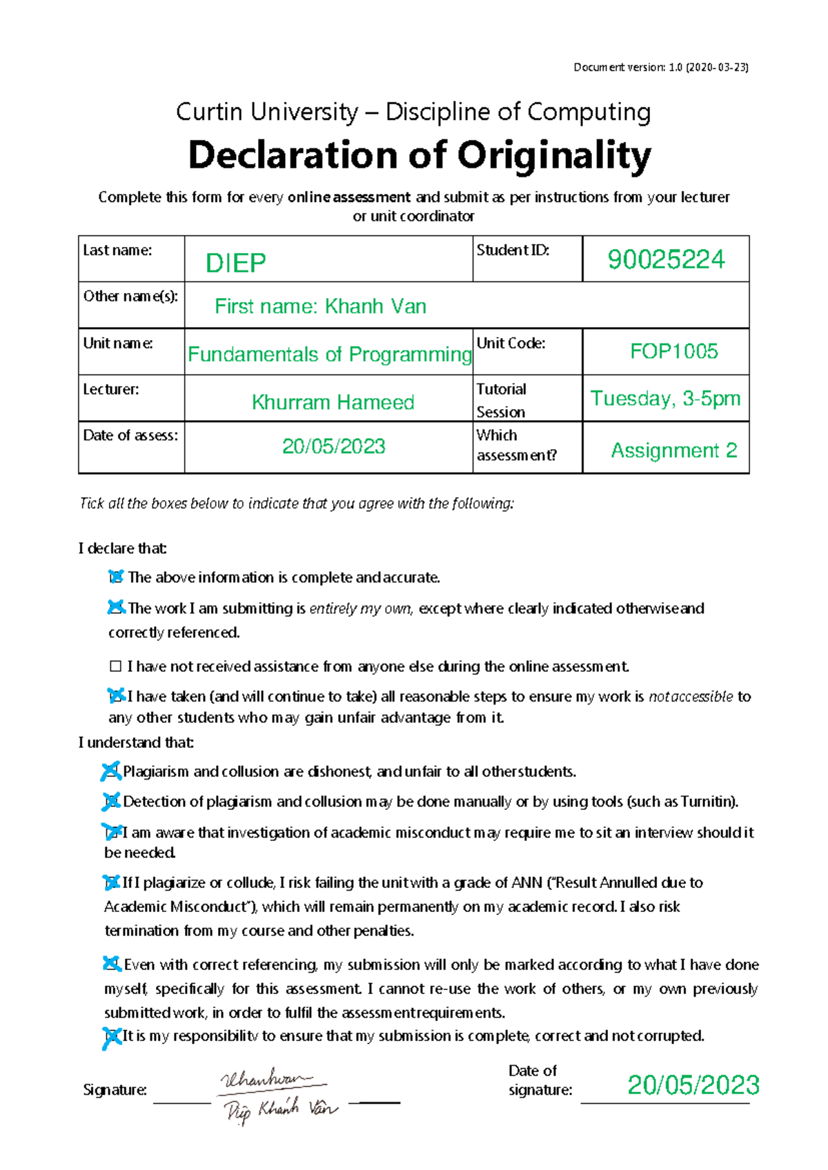 Declaration of originality Online - Fillable Form - Document version: 1 ...