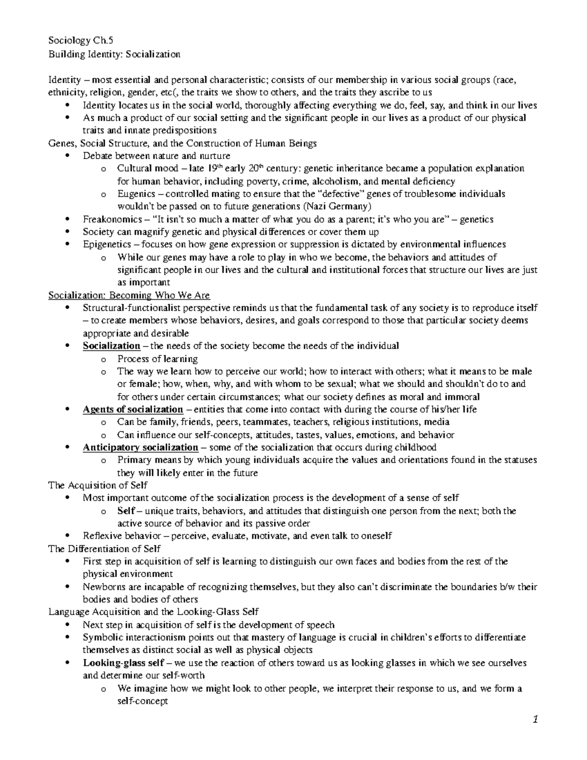 Sociology Ch.5 Notes - Sociology Ch. Building Identity: Socialization ...