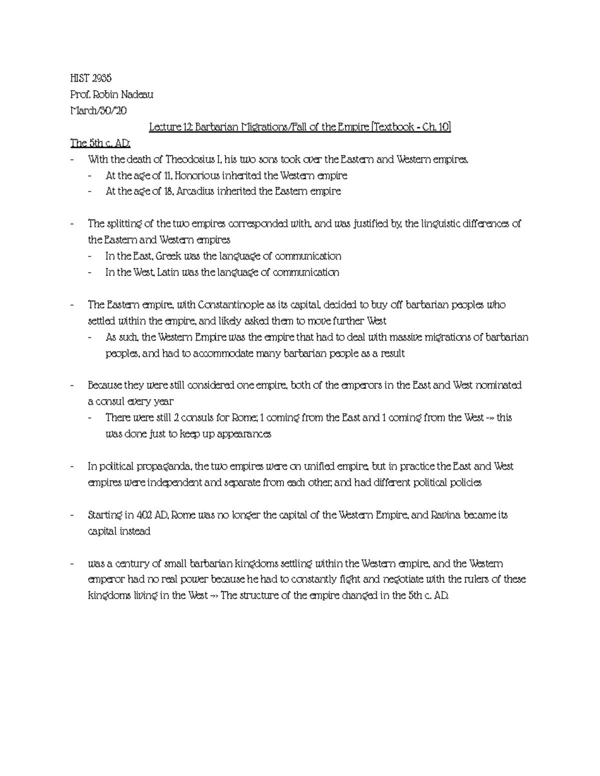 HIST 2935 lecture 12 - Winter 2020 Professor Robin Nadeau - HIST 2935 ...