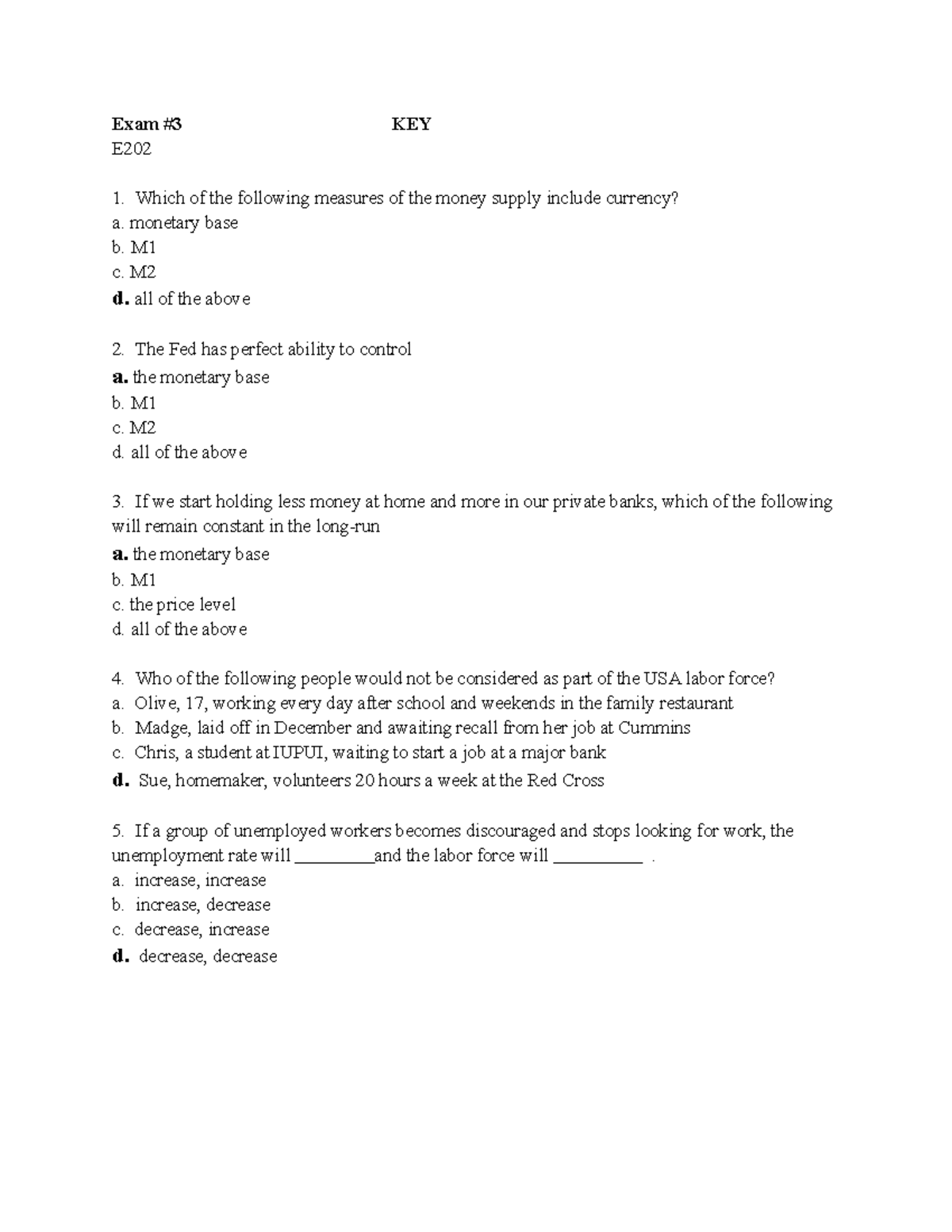 Exam 3-(1) Key - Macroeconomics ECON 202 Peter Rangaza - Exam #3 KEY E ...
