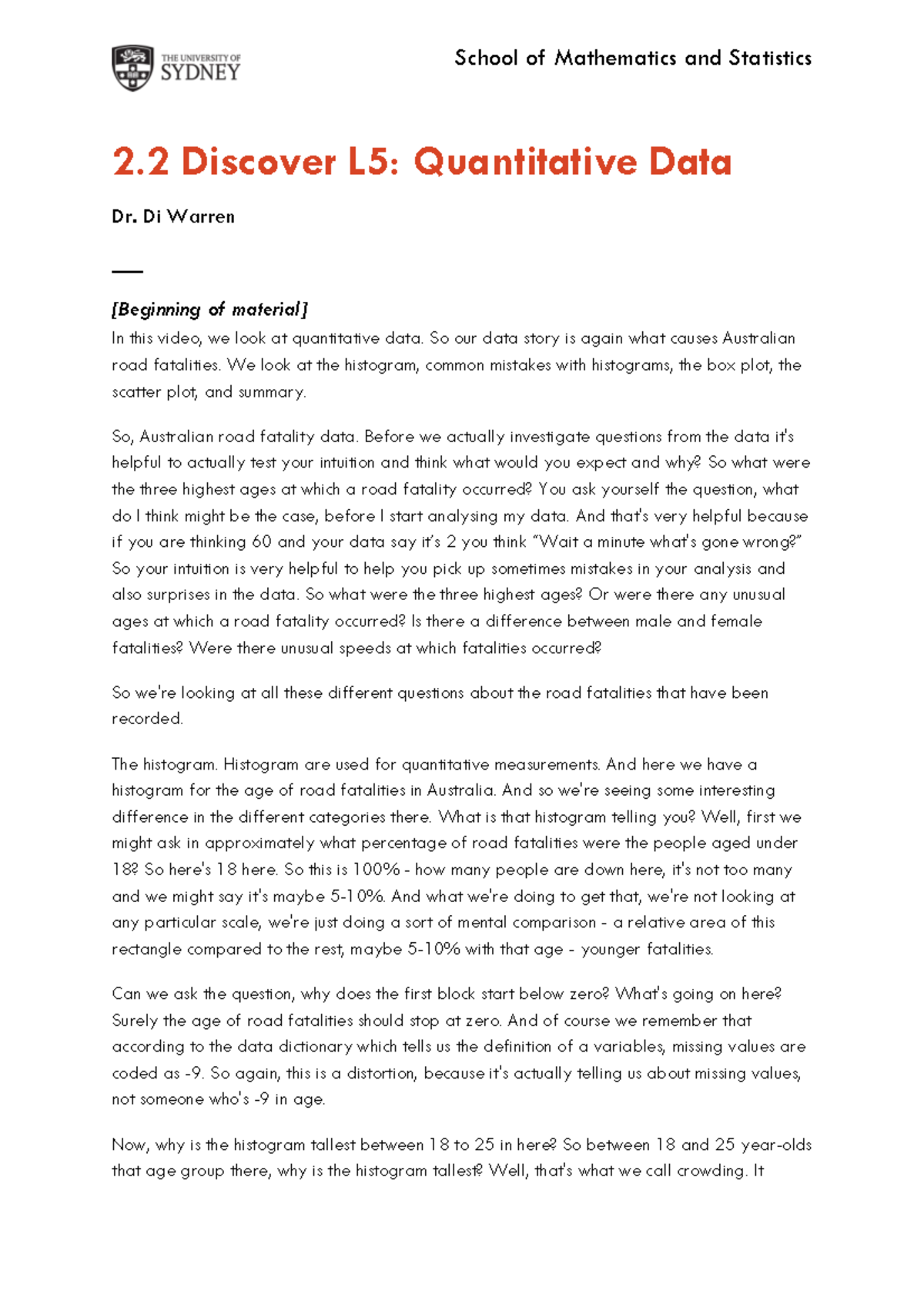 Video 2Quantitative Data Complete - School of Mathematics and ...