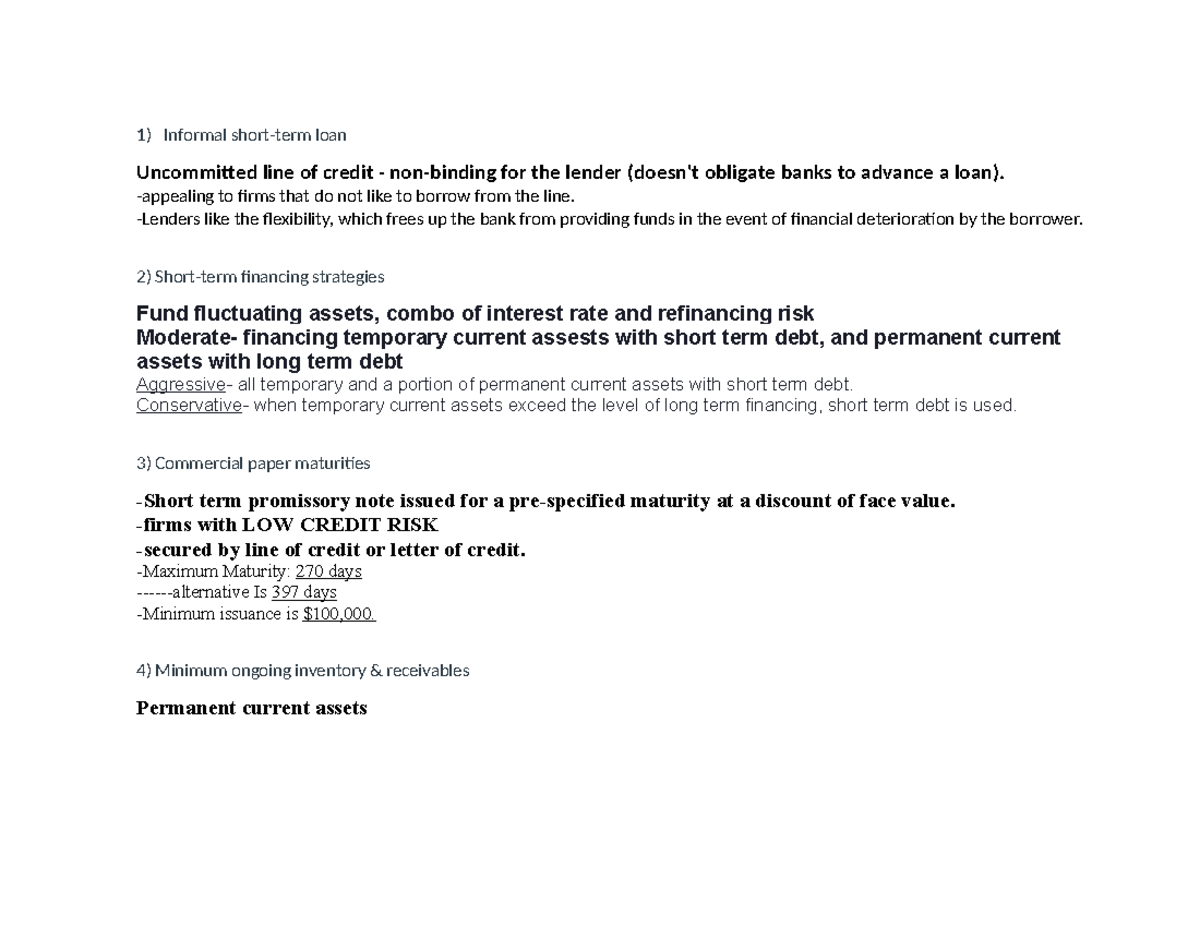 FIN4412 Exam 4 Study Guide - 1) Informal short-term loan Uncommitted ...