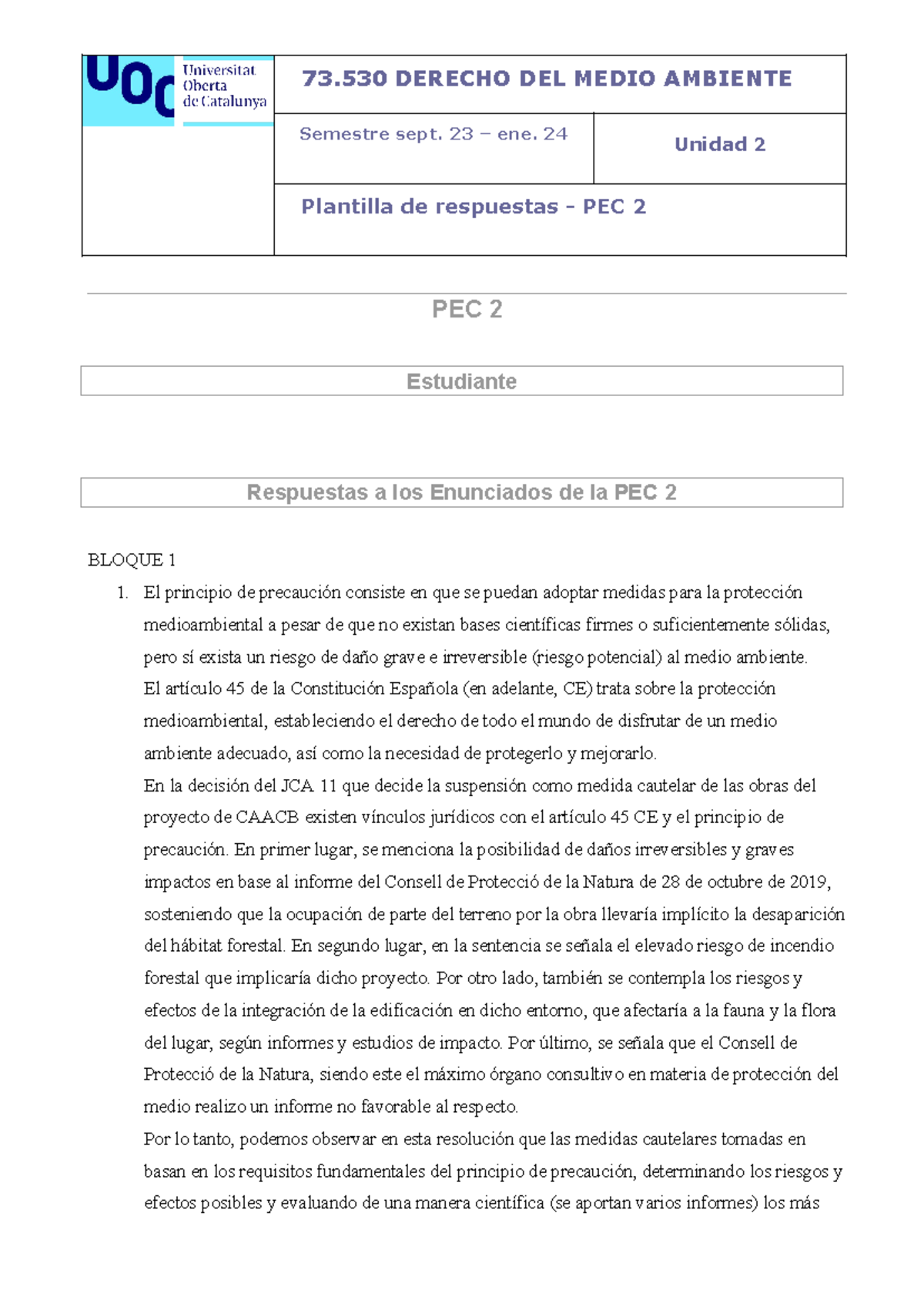 Ejercicios PEC 2 - 73 DERECHO DEL MEDIO AMBIENTE Semestre sept. 23 – ene. 24 Unidad 2 Plantilla ...