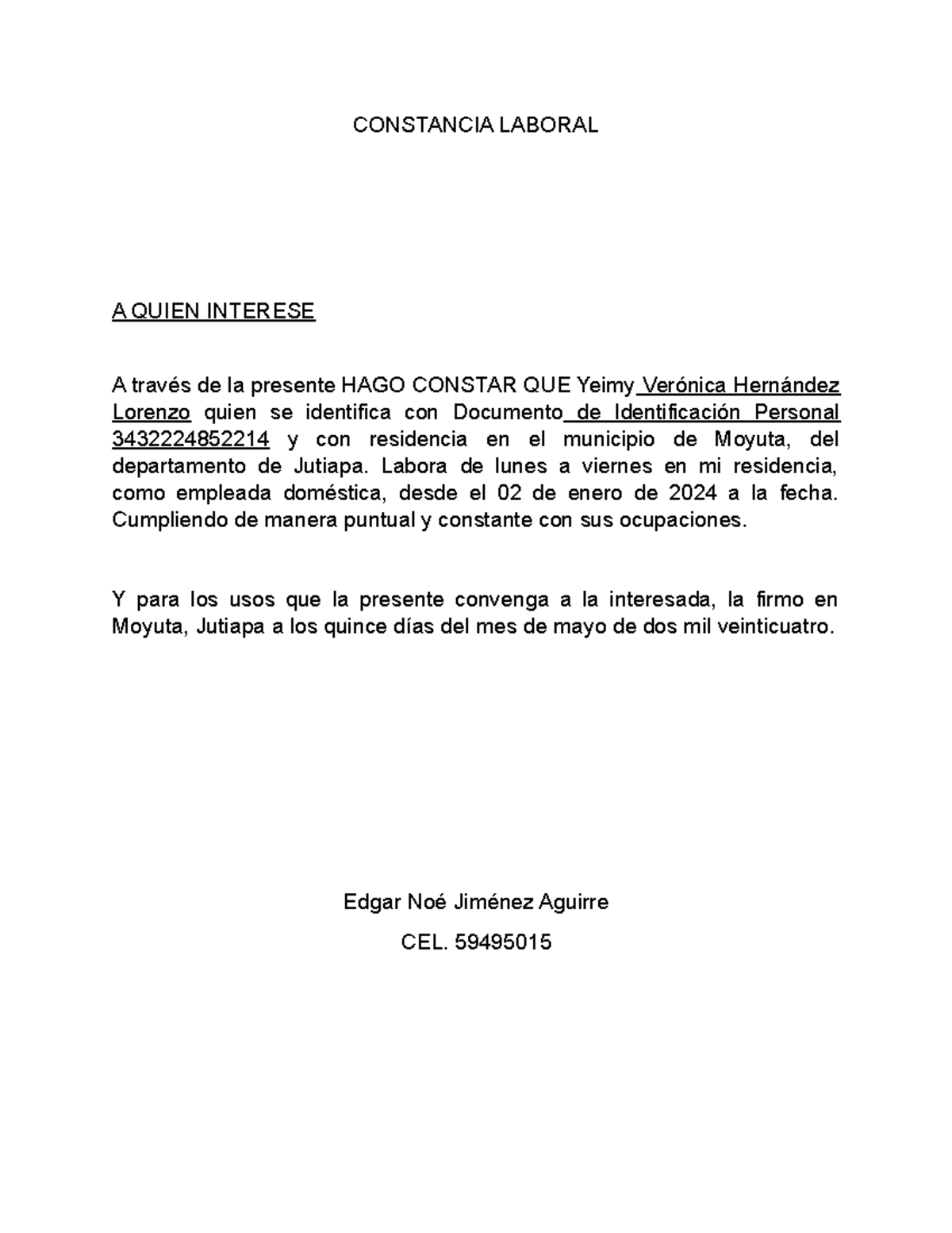 Carta de Recomendacion - CONSTANCIA LABORAL A QUIEN INTERESE A través ...