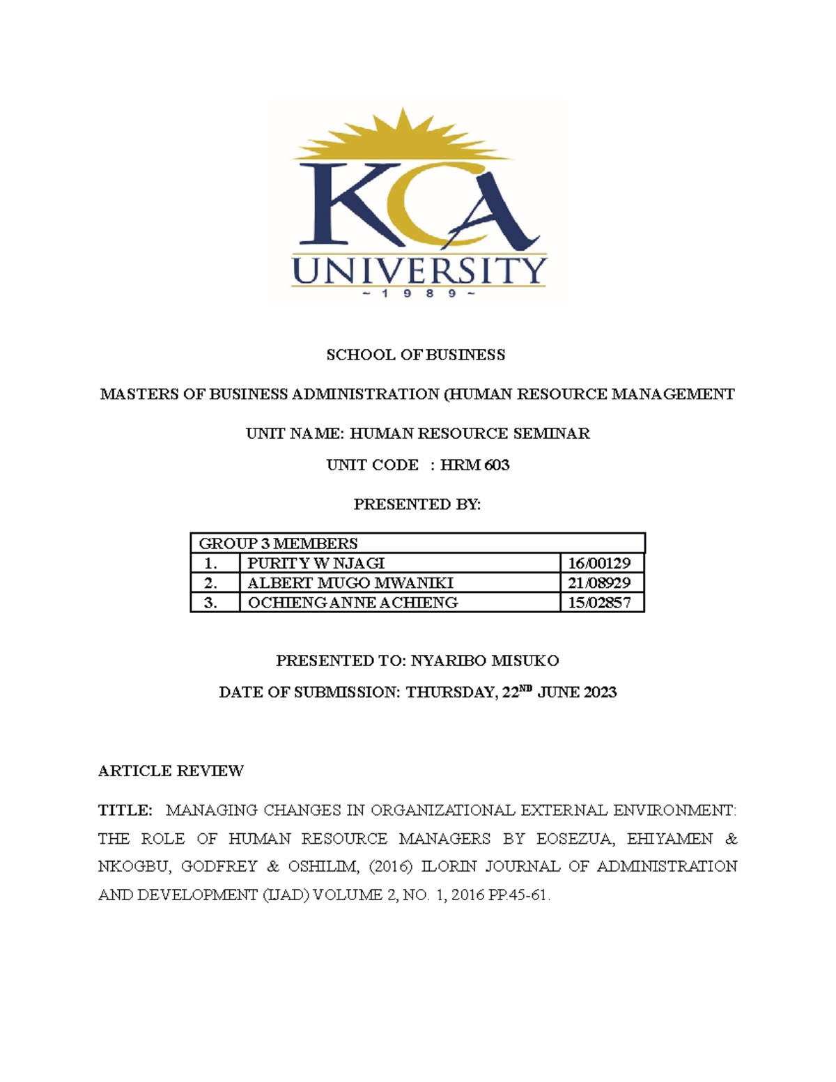 Strategic HRM Group Three - SCHOOL OF BUSINESS MASTERS OF BUSINESS ...