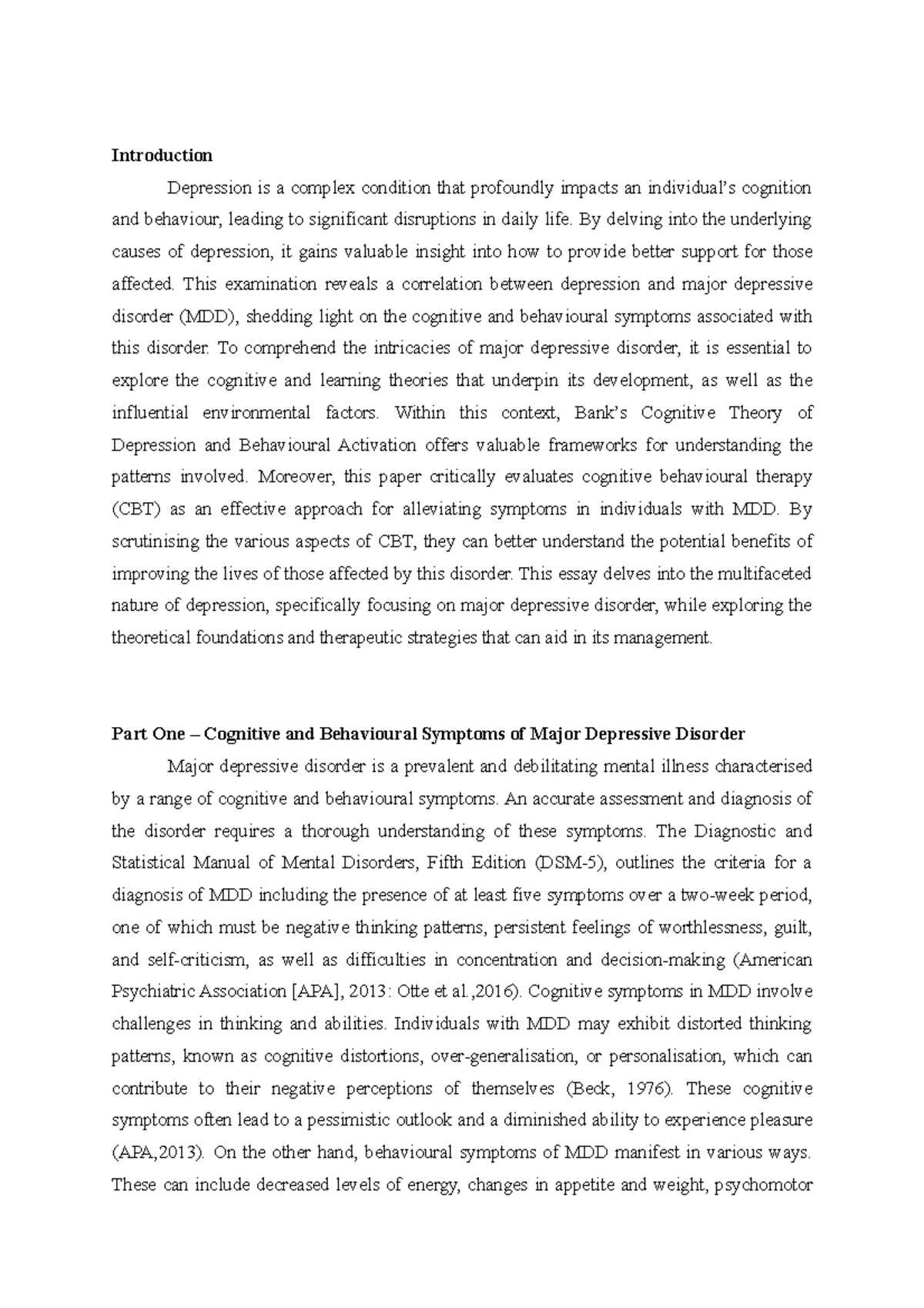 Essay - Psych 2500 - Introduction Depression is a complex condition ...