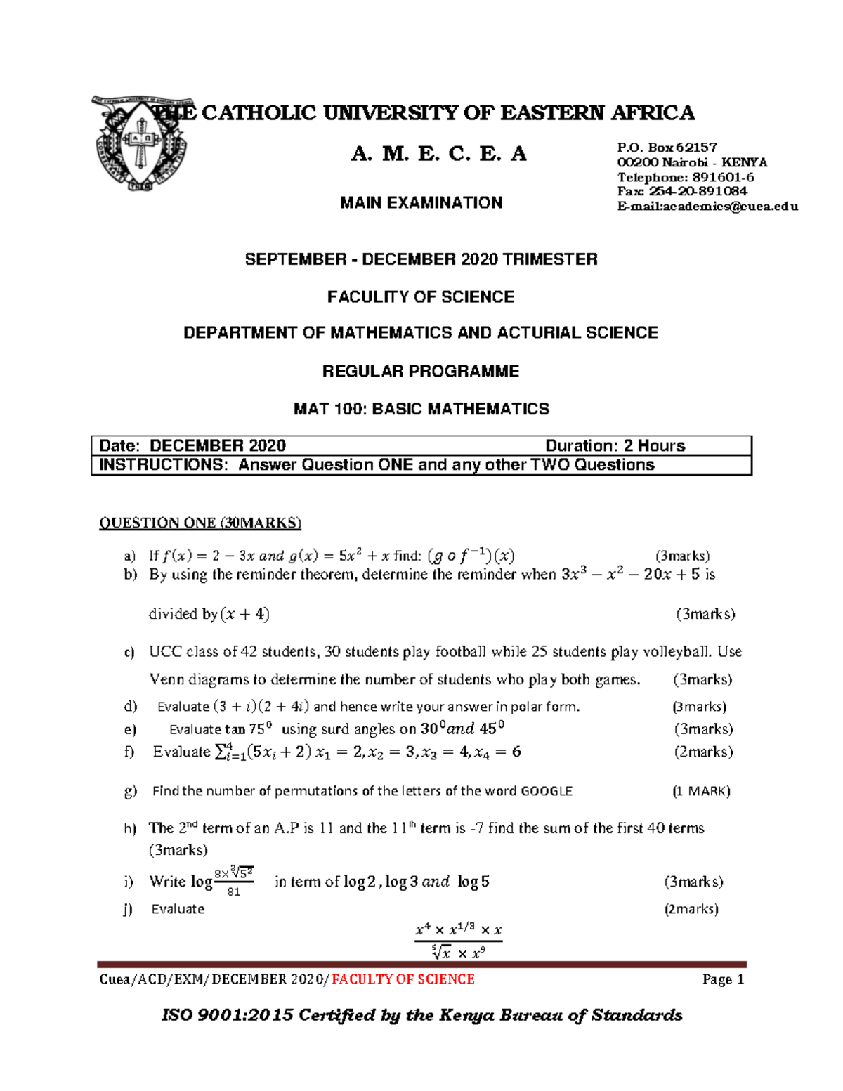 MAT 100 Basic Mathematics - Cuea/ACD/EXM/DECEMBER 2020 /FACULTY OF ...
