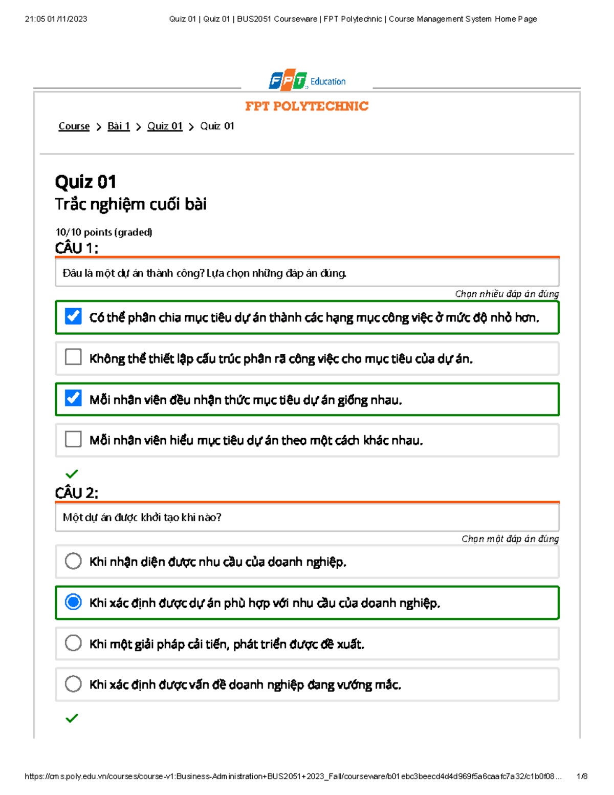 Quiz 01 Quiz 01 BUS2051 Courseware FPT Polytechnic Course Management ...