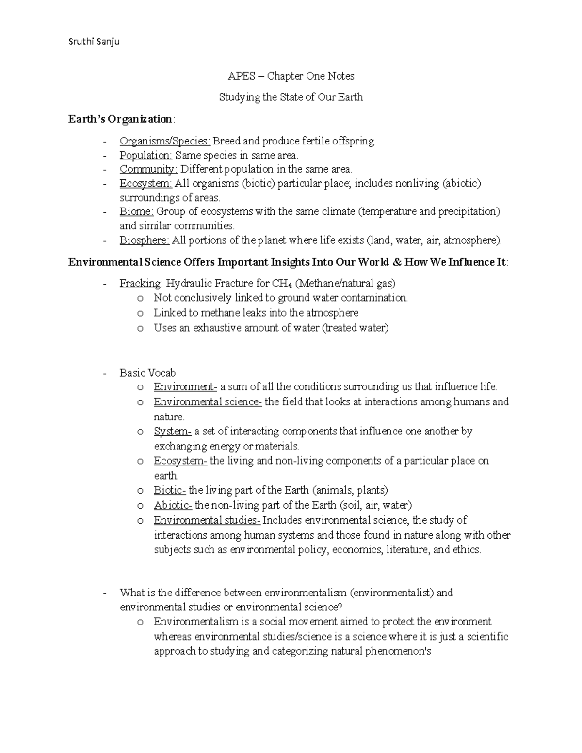APES Chapter One Notes - Very brief - Sruthi Sanju APES – Chapter One ...