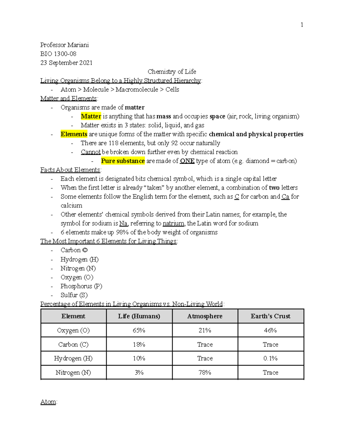 BIO 1300-08 (2) Chemistry OF LIFE - Professor Mariani BIO 1300- 23 ...