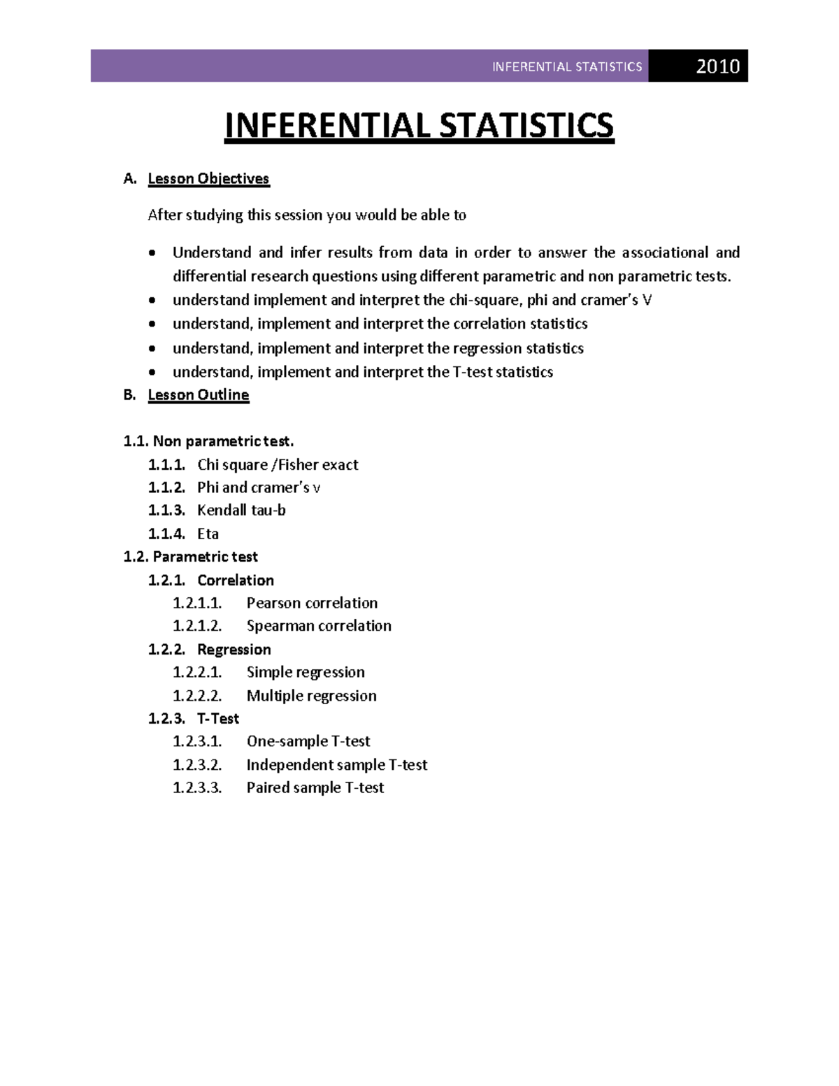 Inferential Final Final - INFERENTIAL STATISTICS A. Lesson Objectives ...