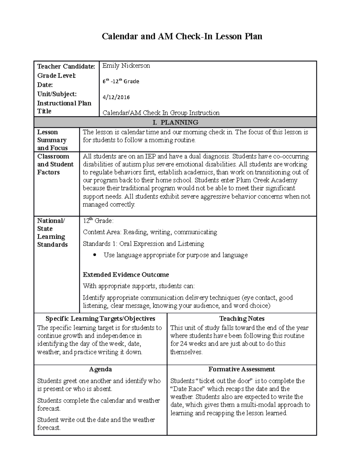 SPD-200 Exemplary Calendar and AM Check in Lesson Plan - Calendar and ...