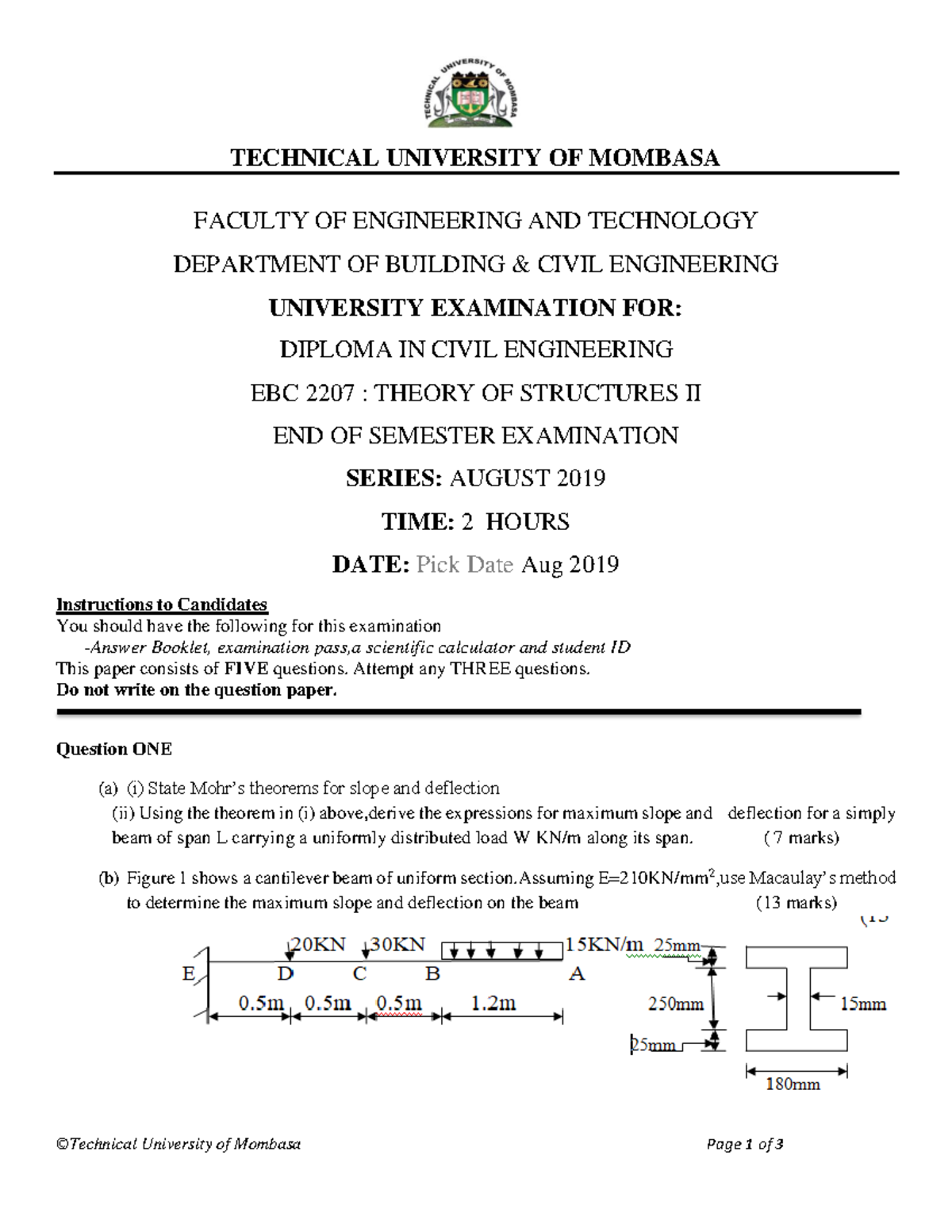 EBC 2207 Theory of Structures II P1 - ©Technical University of Mombasa ...
