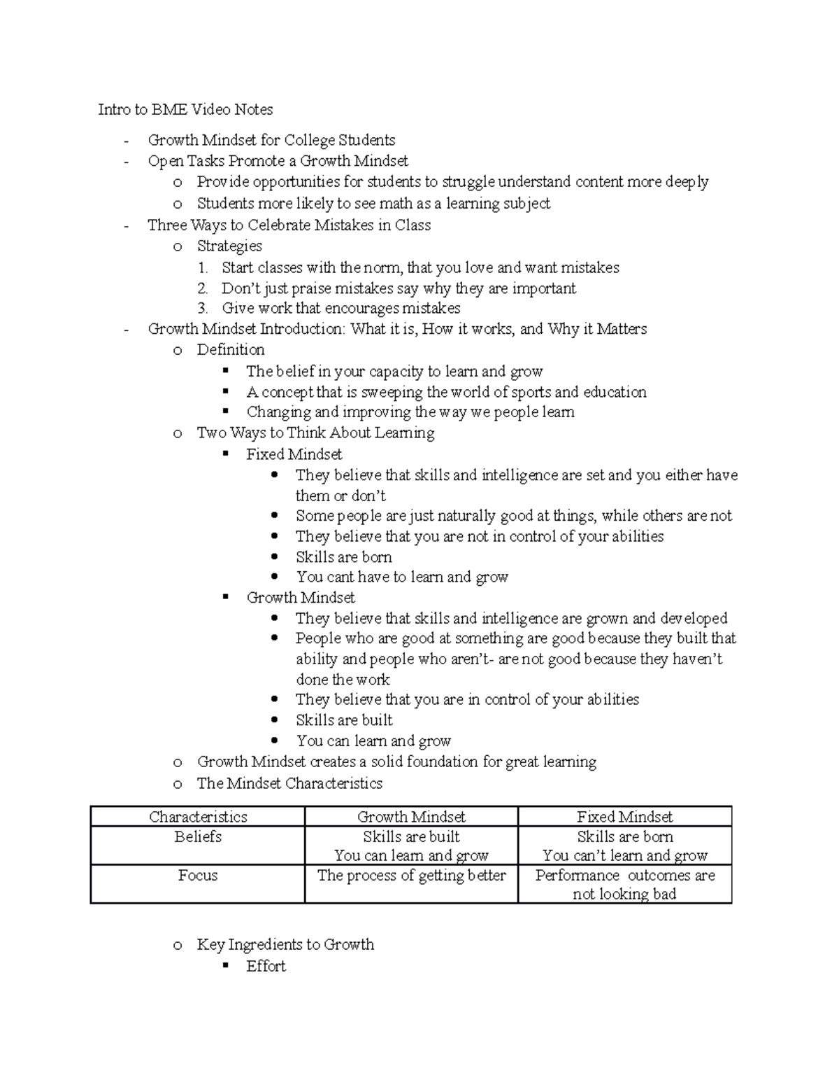 Intro to BME Video Notes - Intro to BME Video Notes Growth Mindset for ...