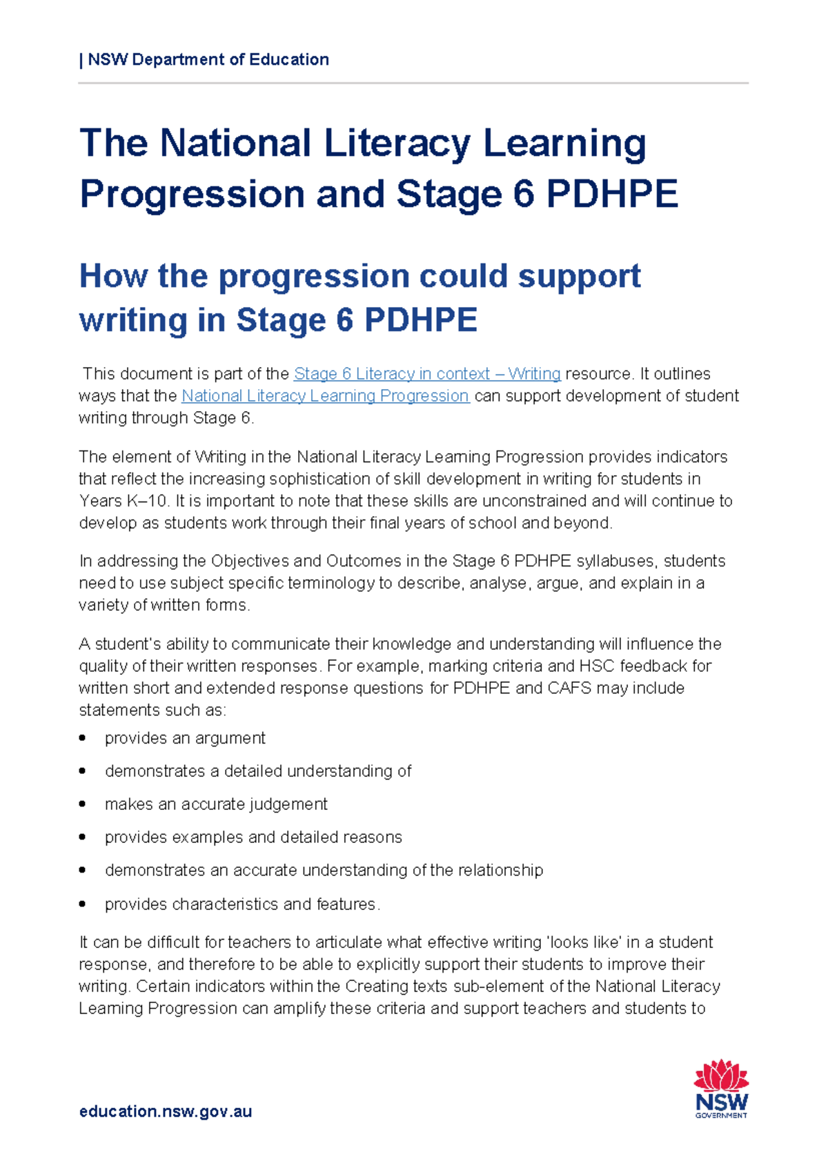 Literacy-learning-progression-and-stage-6-pdhpe - | NSW Department of ...