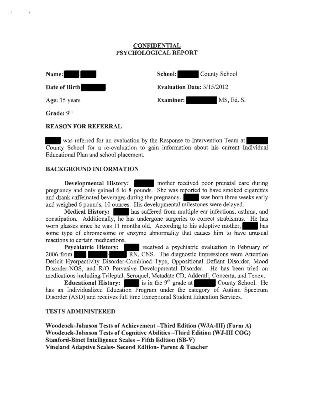 Sample-Educational-Evaluation Redacted - CONFIDENTIAL PSYCHOLOGICAL ...