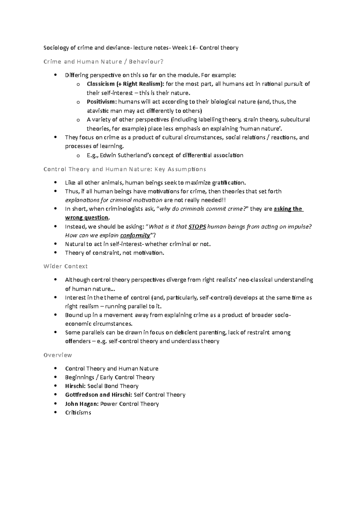 Sociology of crime and deviance lecture notes- Control theory ...