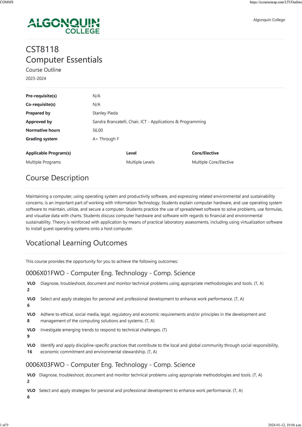 CSTT8118 Computer Essentials - CST Computer Essentials Course Outline 2023- Applicable Program(s ...