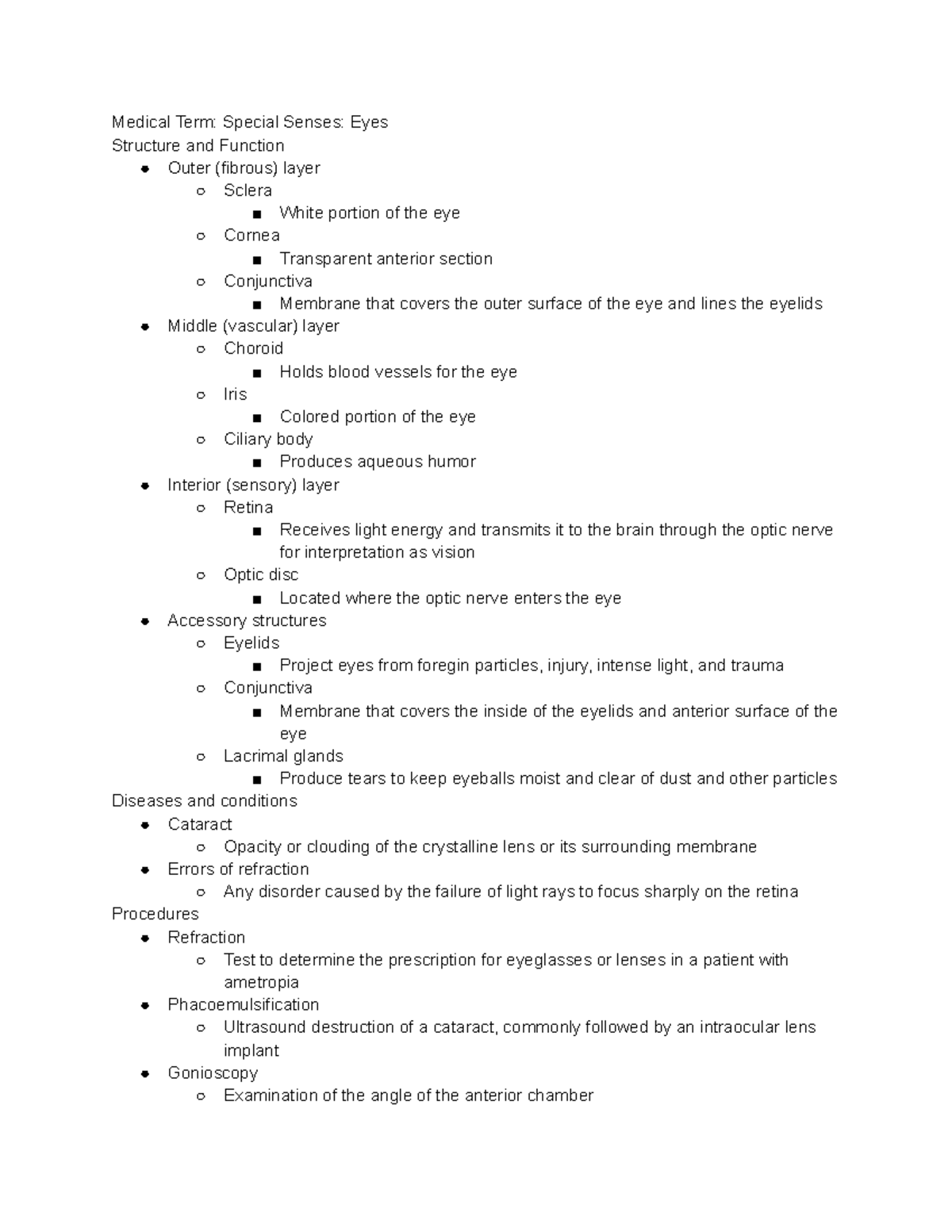 Special Senses Eyes - notes - Medical Term: Special Senses: Eyes ...