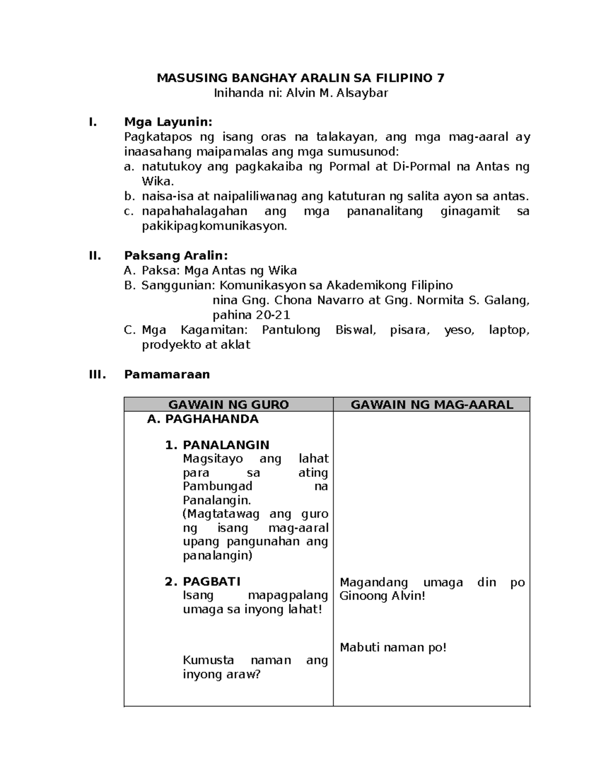 Masusing Banghay Aralin SA Filipino 8 - MASUSING BANGHAY ARALIN SA FILIPINO 7 Inihanda ni: Alvin ...