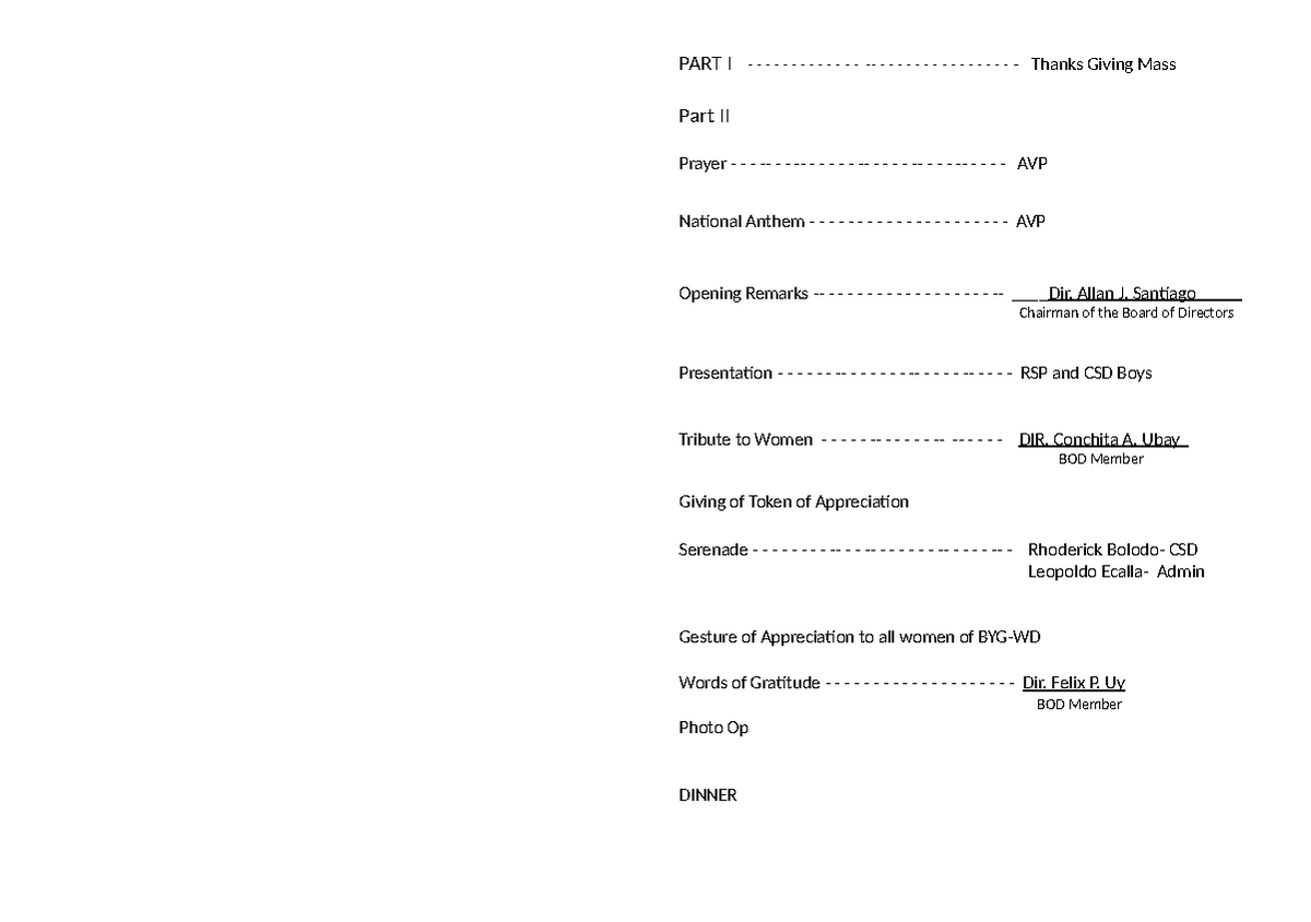 Women's month program - PART I - Thanks Giving Mass Part II Prayer - AVP National Anthem - AVP ...