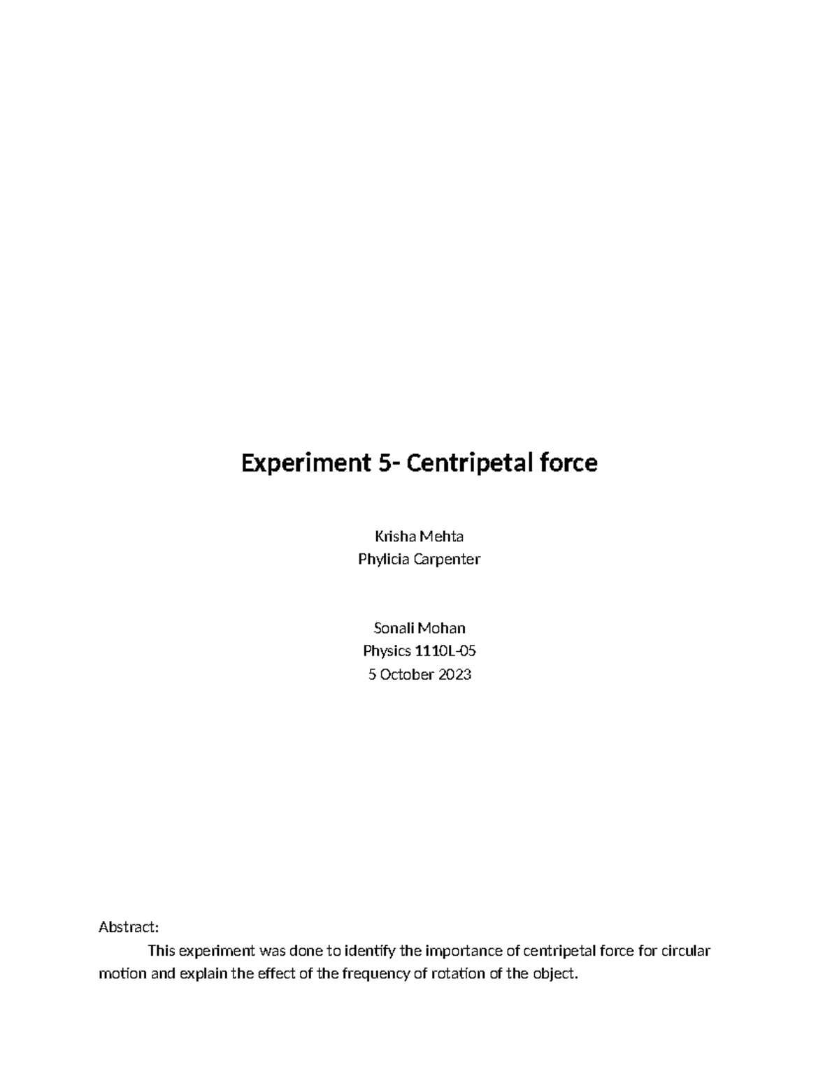 Experiment 5- Centripetal force - Experiment 5- Centripetal force ...