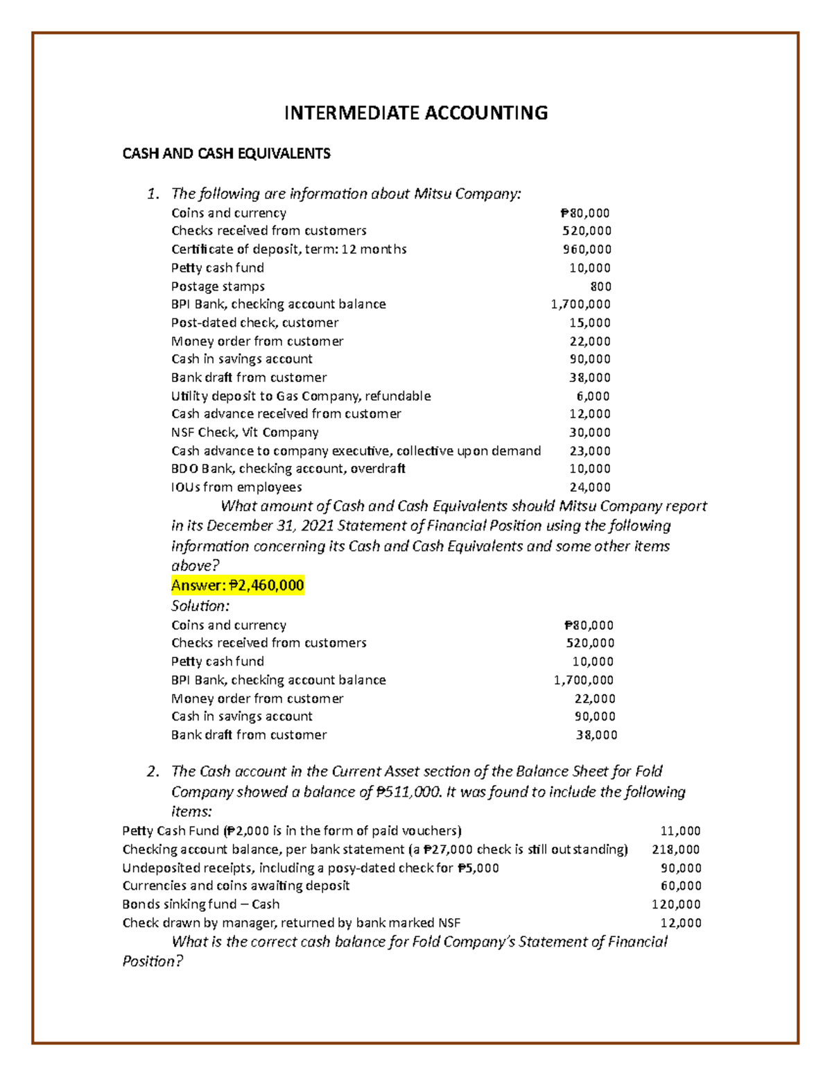 IA1 - Cash and Cash Equivalents - INTERMEDIATE ACCOUNTING CASH AND CASH ...