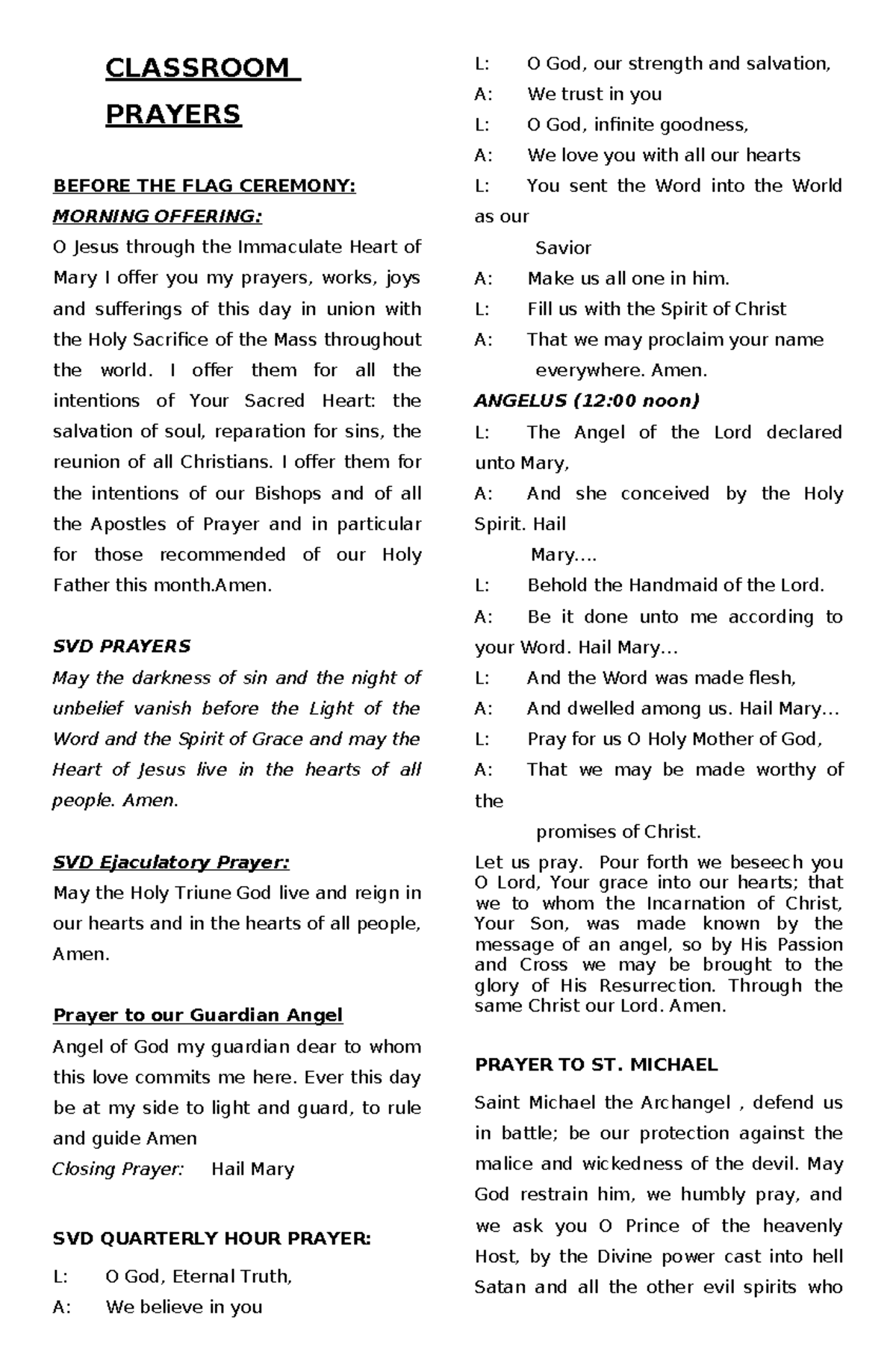 Classroom Prayers - CLASSROOM PRAYERS BEFORE THE FLAG CEREMONY: MORNING ...