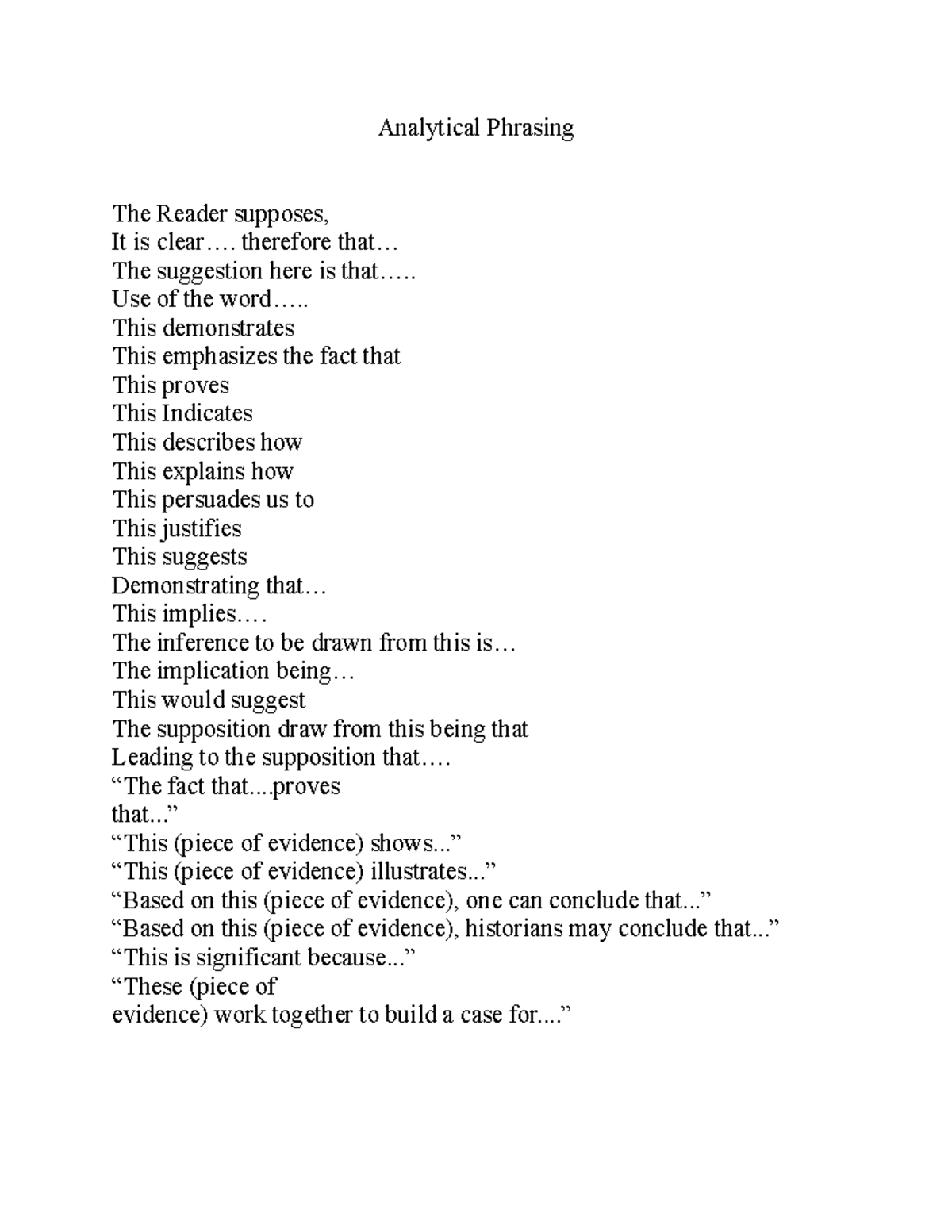 Analytical Phrasing - ENLGISH 101 - Analytical Phrasing The Reader ...