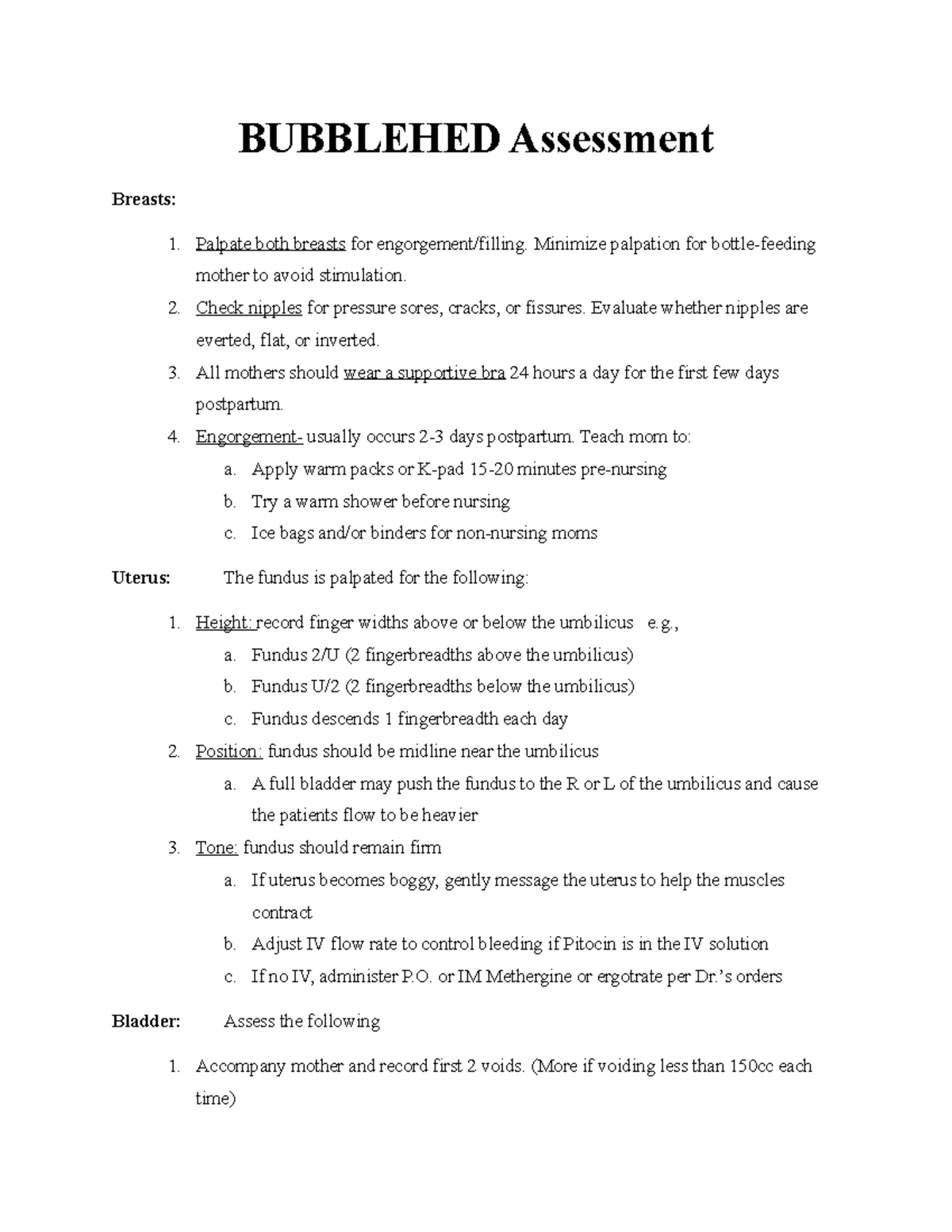 NSG 210 Bubblehed Assessment - BUBBLEHED Assessment Breasts: Palpate both breasts for - Studocu