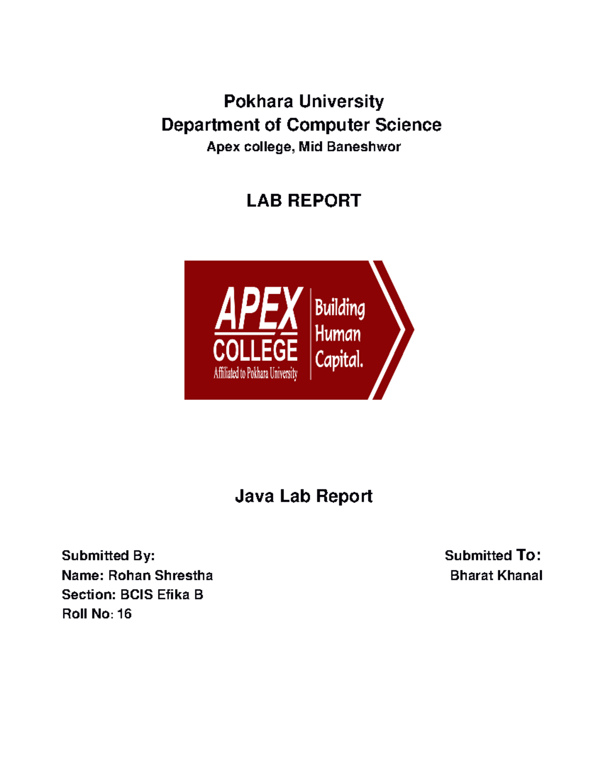 Labsheet 4 - Pokhara University Department of Computer Science Apex college, Mid Baneshwor LAB ...