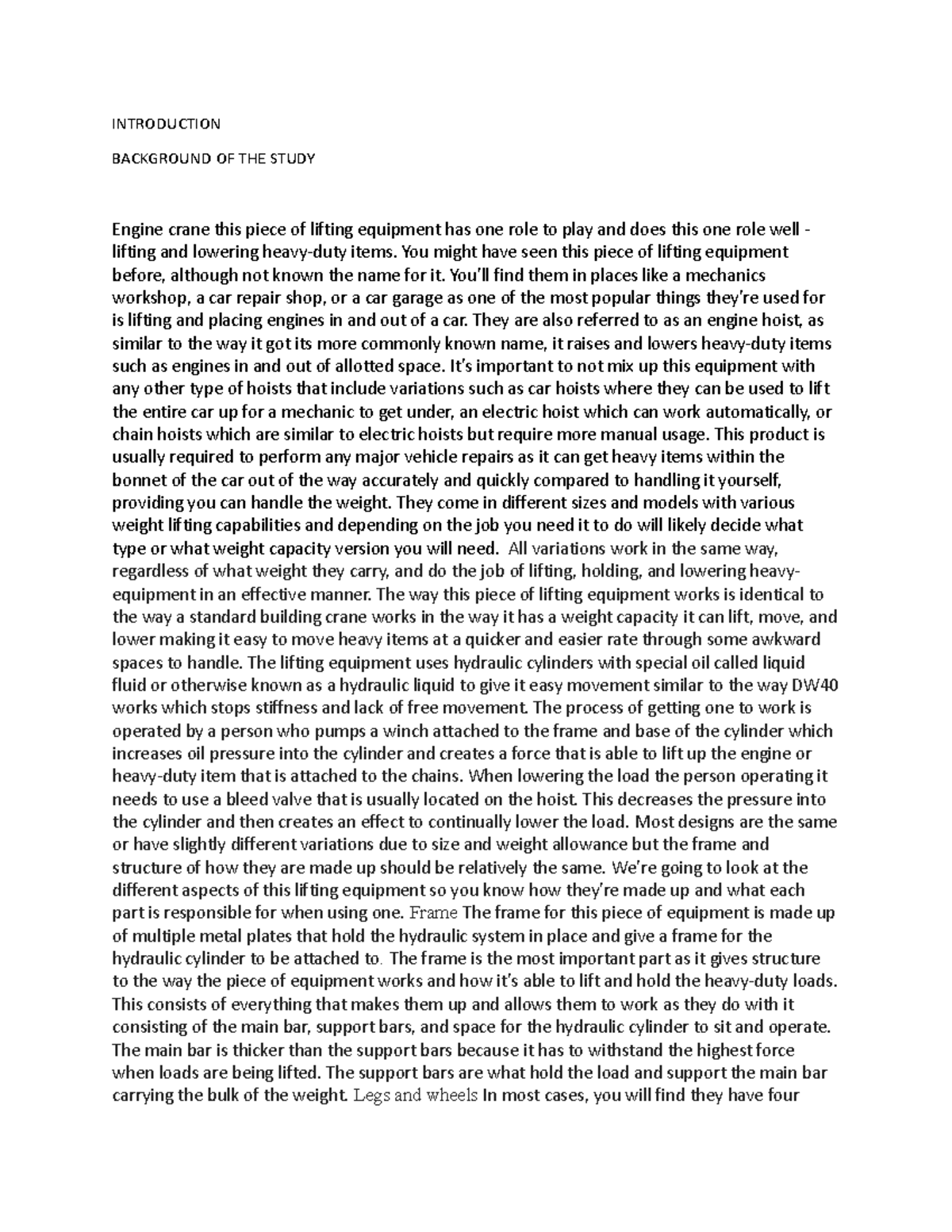 Chapter-1 - Automotive - INTRODUCTION BACKGROUND OF THE STUDY Engine crane this piece of lifting ...