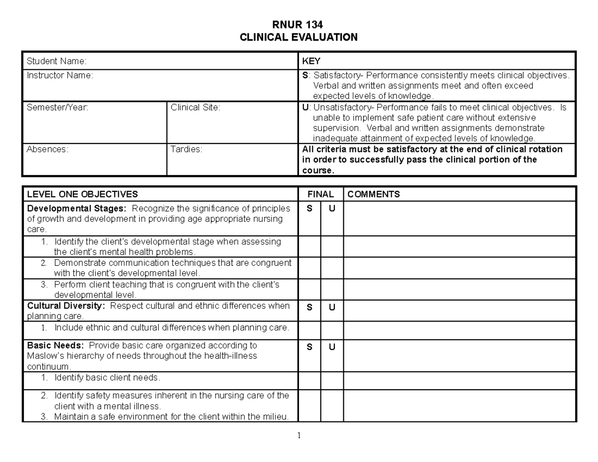RNUR 134 Clinical Evaluation - Studocu