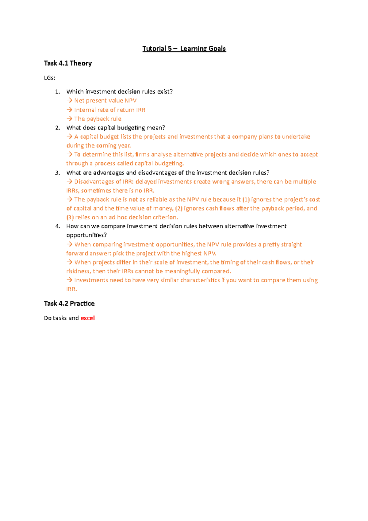 Answers to LGs (for tut 5) - Tutorial 5 – Learning Goals Task 4 Theory LGs: Which investment ...