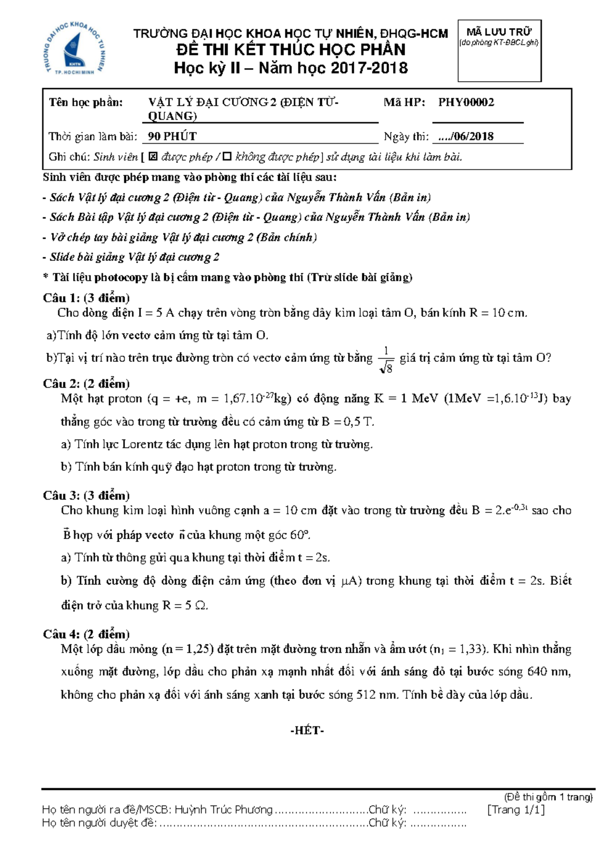 CK2 1718 CA1 - vat ly dai cuong2 - TRƯỜNG ĐẠI HỌC KHOA HỌC TỰ NHIÊN, ĐHQG-HCM ĐỀ THI KẾT THÚC ...