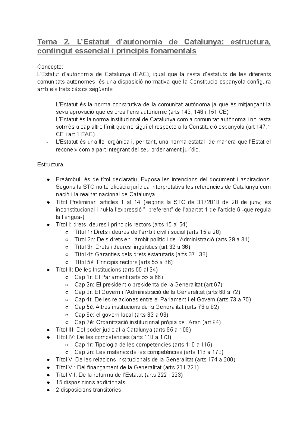 Tema 2. L’Estatut d’autonomia de Catalunya estructura, contingut ...