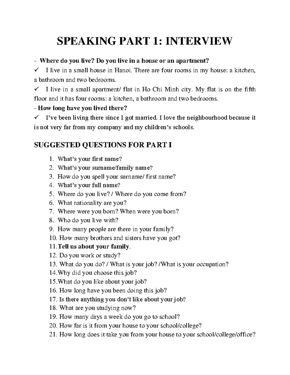 TÀI LIỆU Speaking B1 CHO HS - SPEAKING PART 1: INTERVIEW Where do you ...