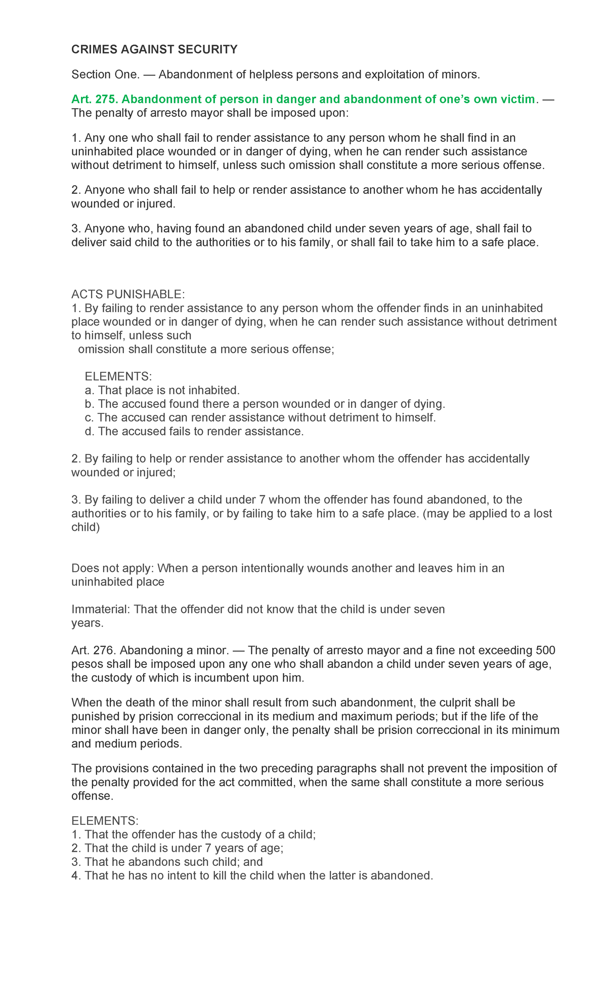 Article-275-282 2 - Notes - CRIMES AGAINST SECURITY Section One ...