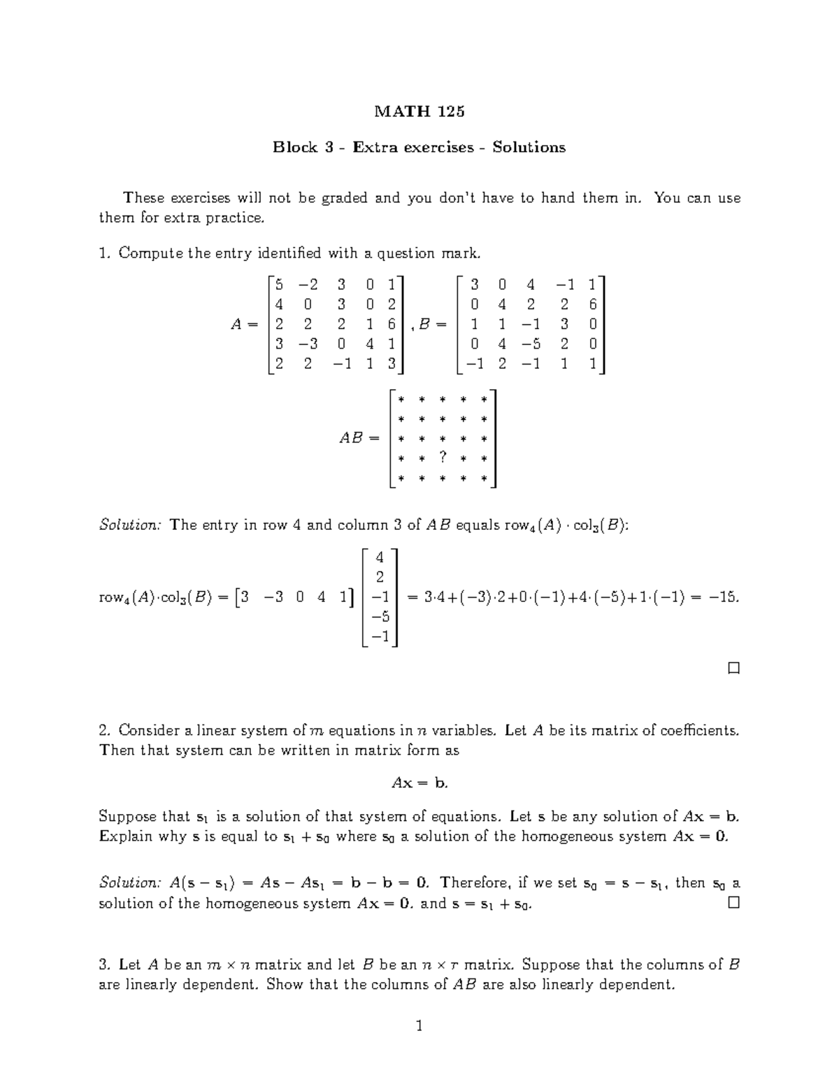 MATH125 Extra exercises 3 solutions - MATH 125 Block 3 - Extra exercises - Solutions These ...