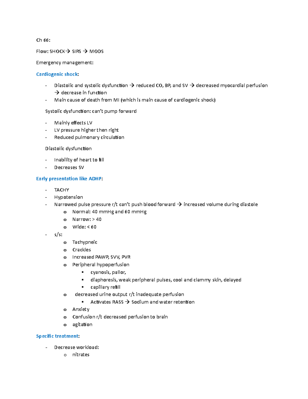 Ch 66 shock - notes - Ch 66: Flow: SHOCK SIRS MODS Emergency management ...